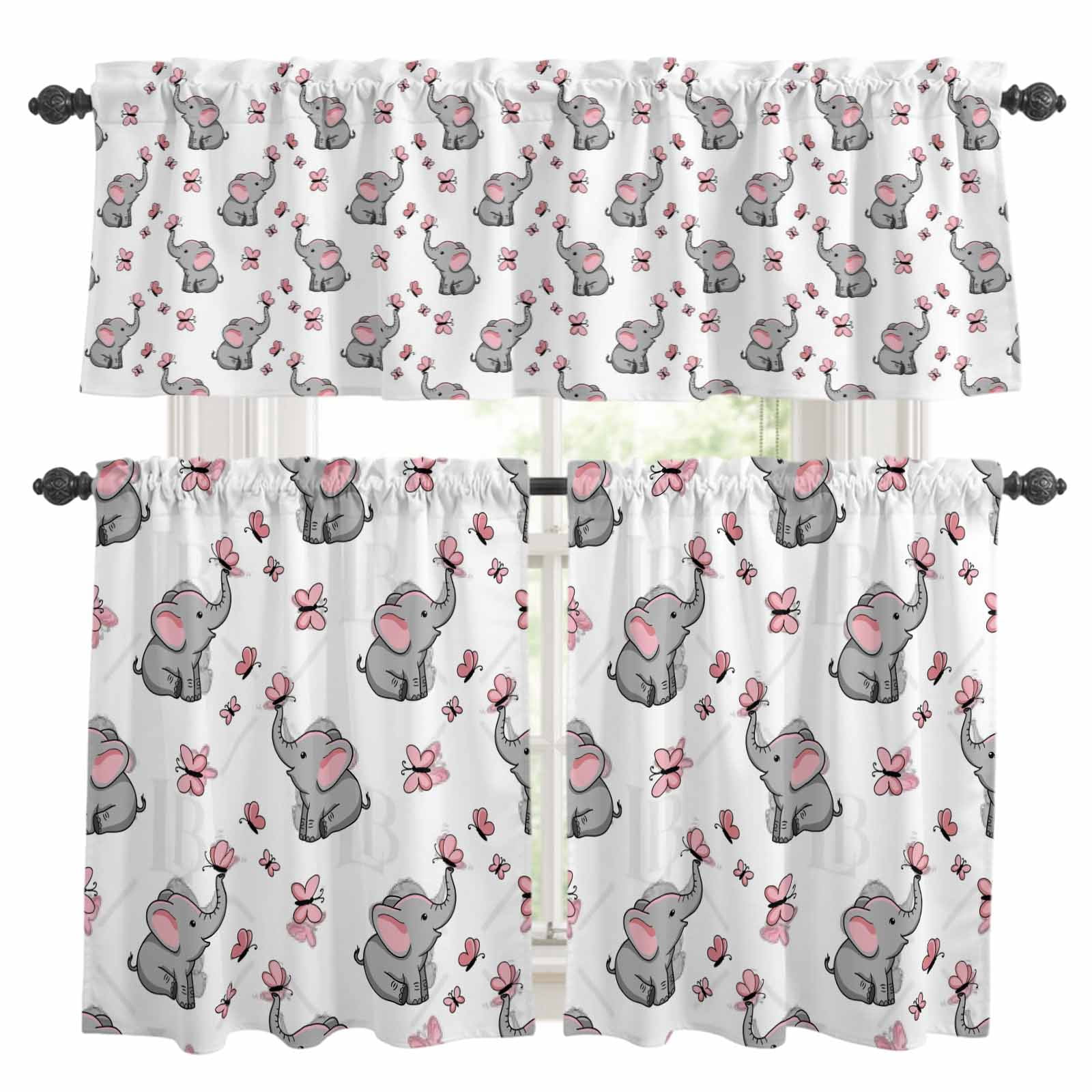 Elephants Butterflies Curtain Valances Set Cartoon Cute Modern Animal ...