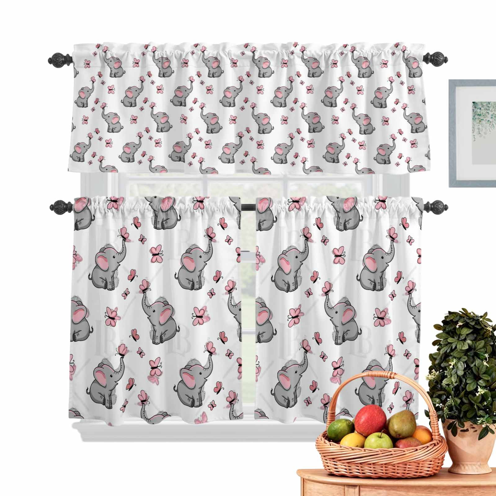Elephants Butterflies Kitchen Curtains Valances 3 Piece Set, Cartoon ...
