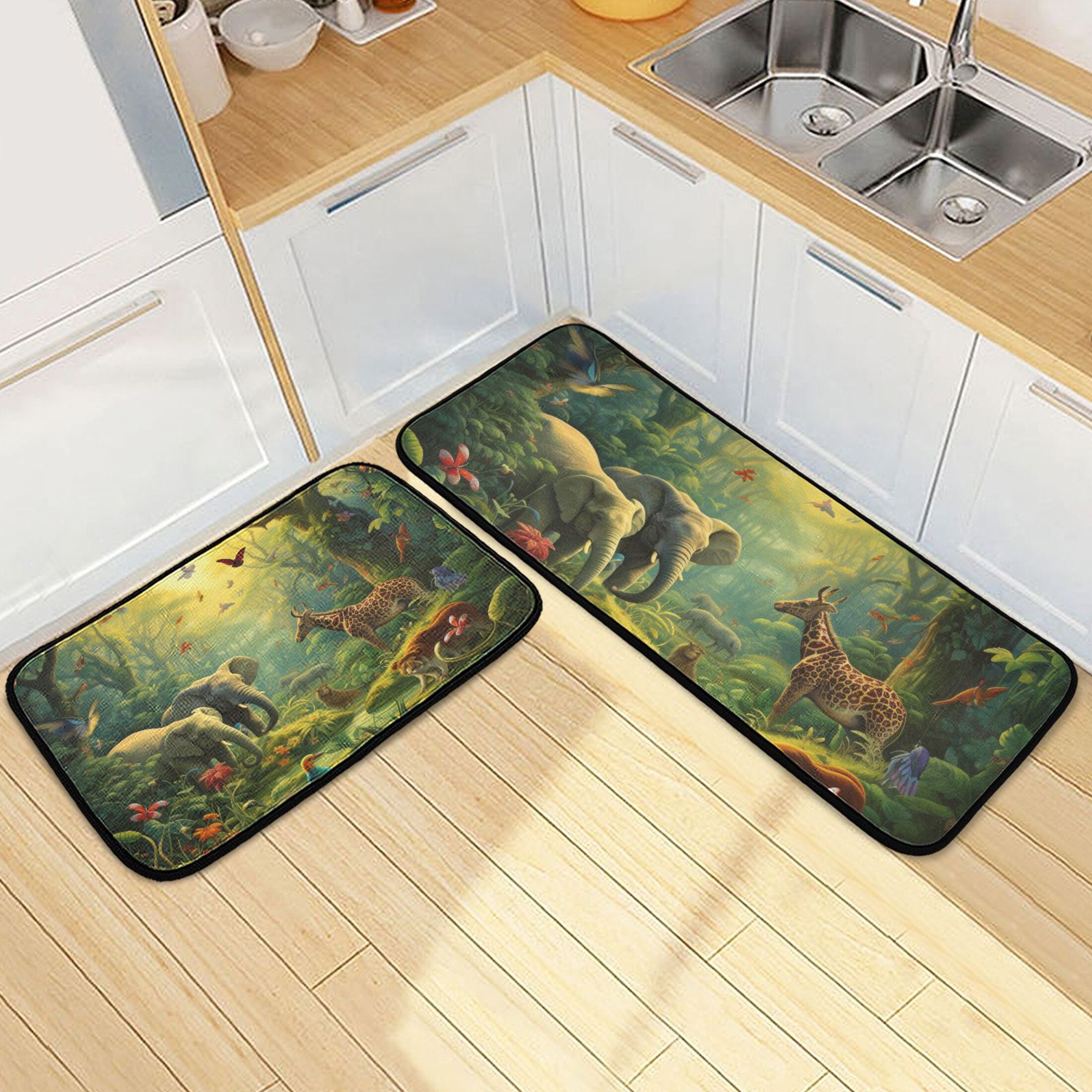 Elephants Deer Birds Butterflies in Forest Kitchen Rugs Set of 2 Non ...