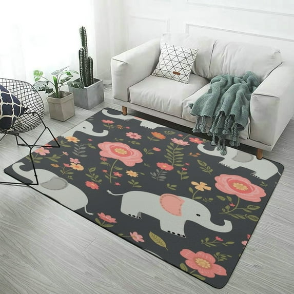 Elephants Flowers Floral Dark Pattern. Carpet Rug for Bedroom Living ...