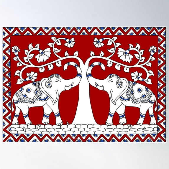 Elephants Kalamkari Art Royal Indian Elephants Indian Folk Art Poster ...