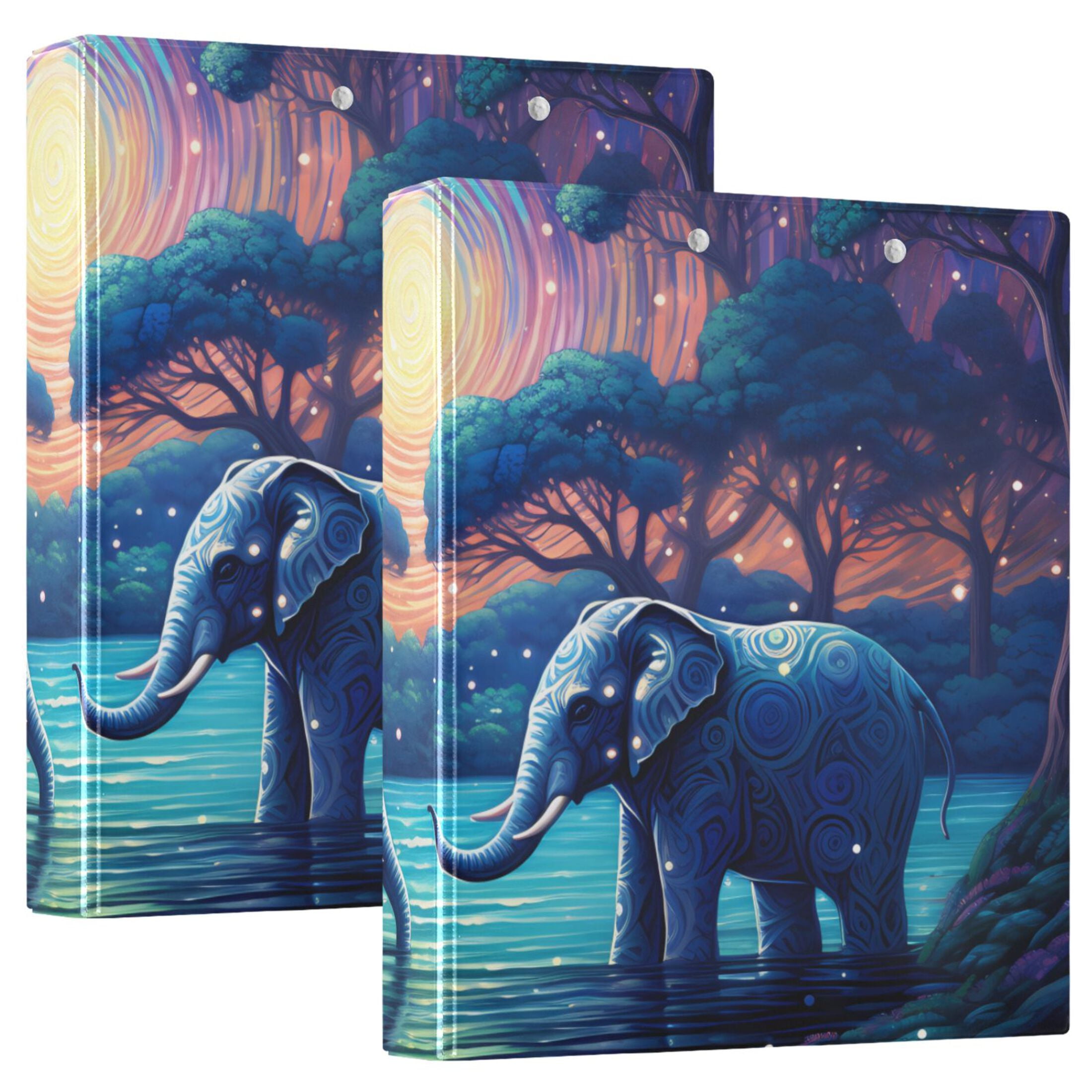 Elephants Lake Trees and Moon 3 Ring Binders 1.5 inch Hardcover File ...