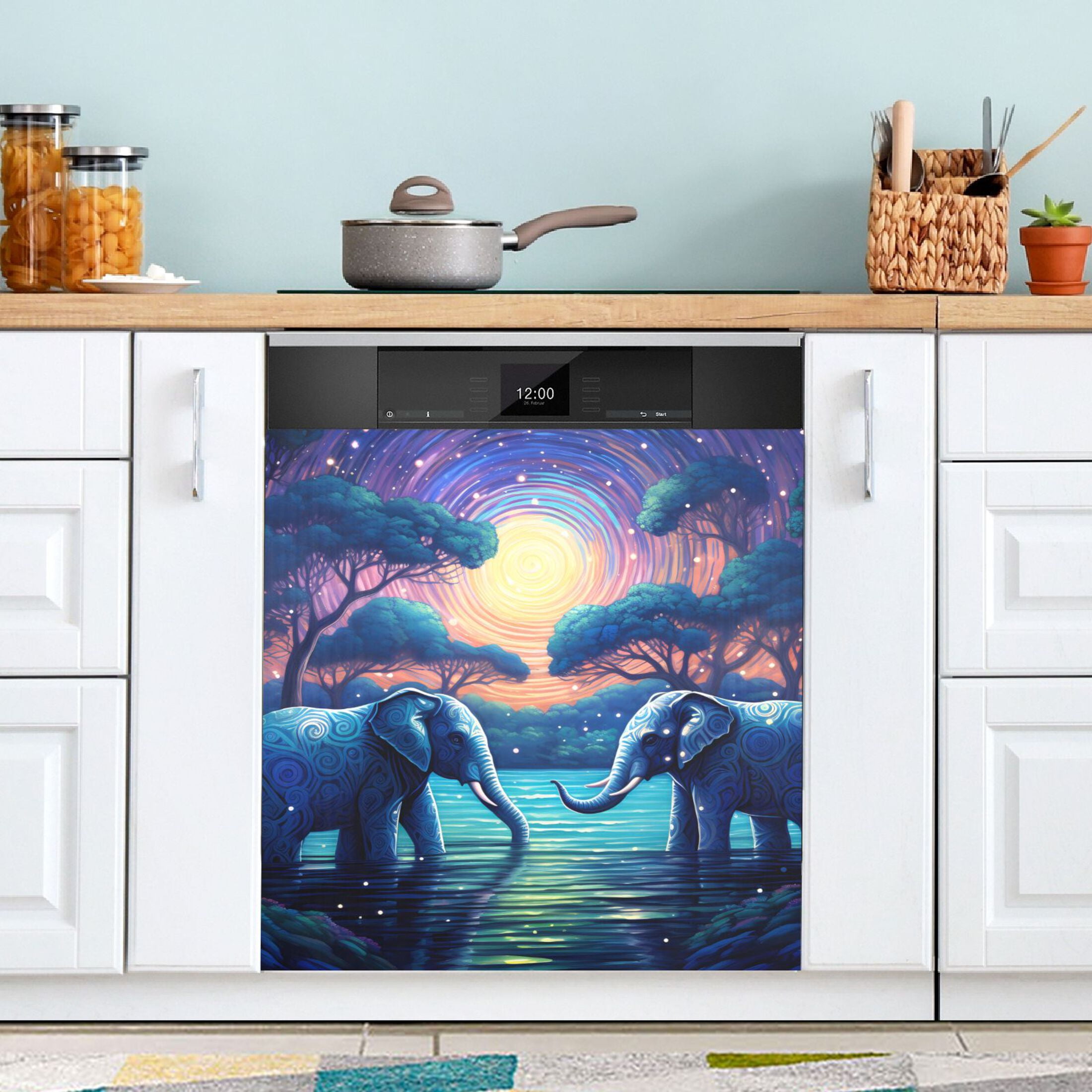 Elephants Lake Trees and Moon Dishwasher Magnetic Covers Magnet Sticker ...