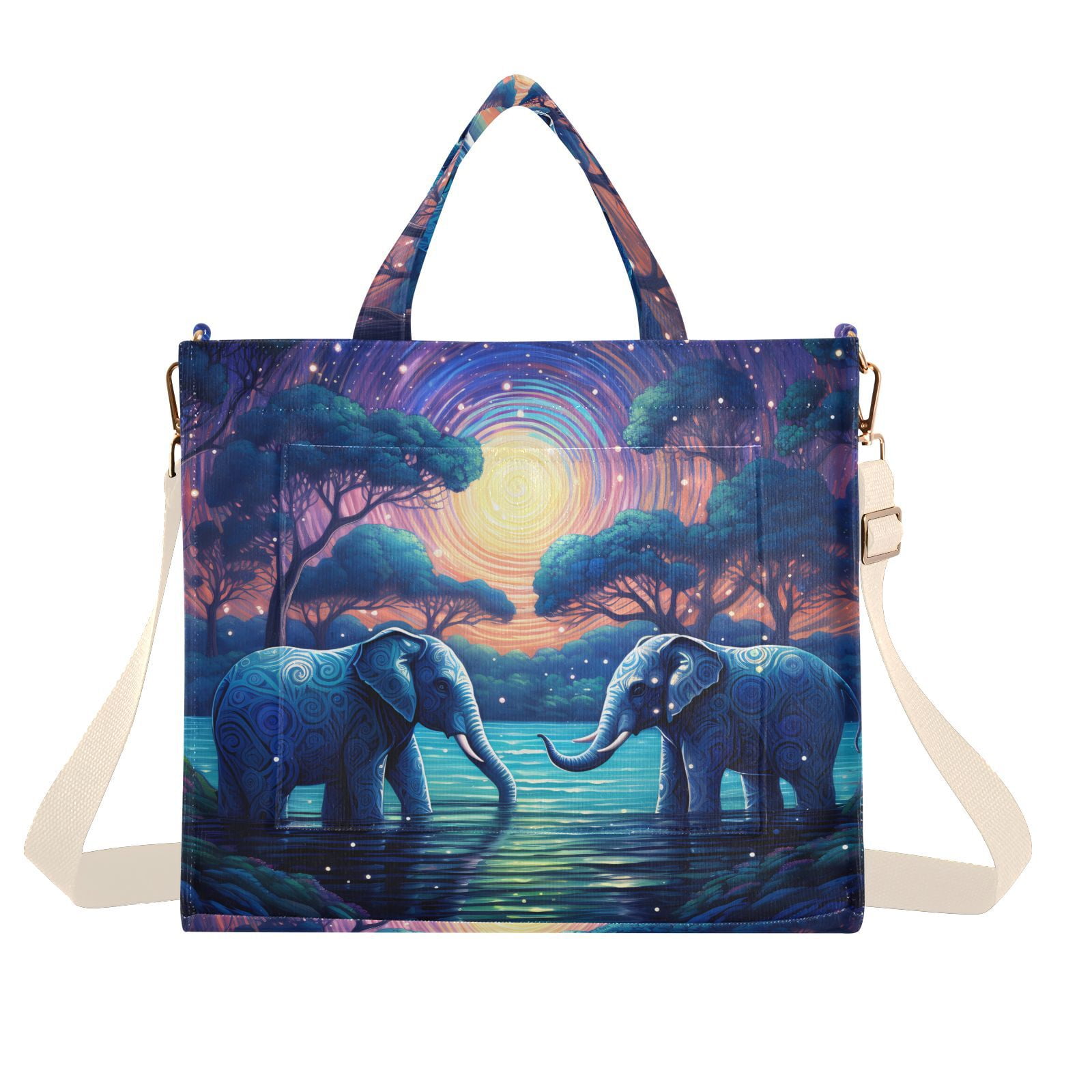 Elephants Lake Trees and Moon Corduroy Tote Bag Handbag Large Messenger ...