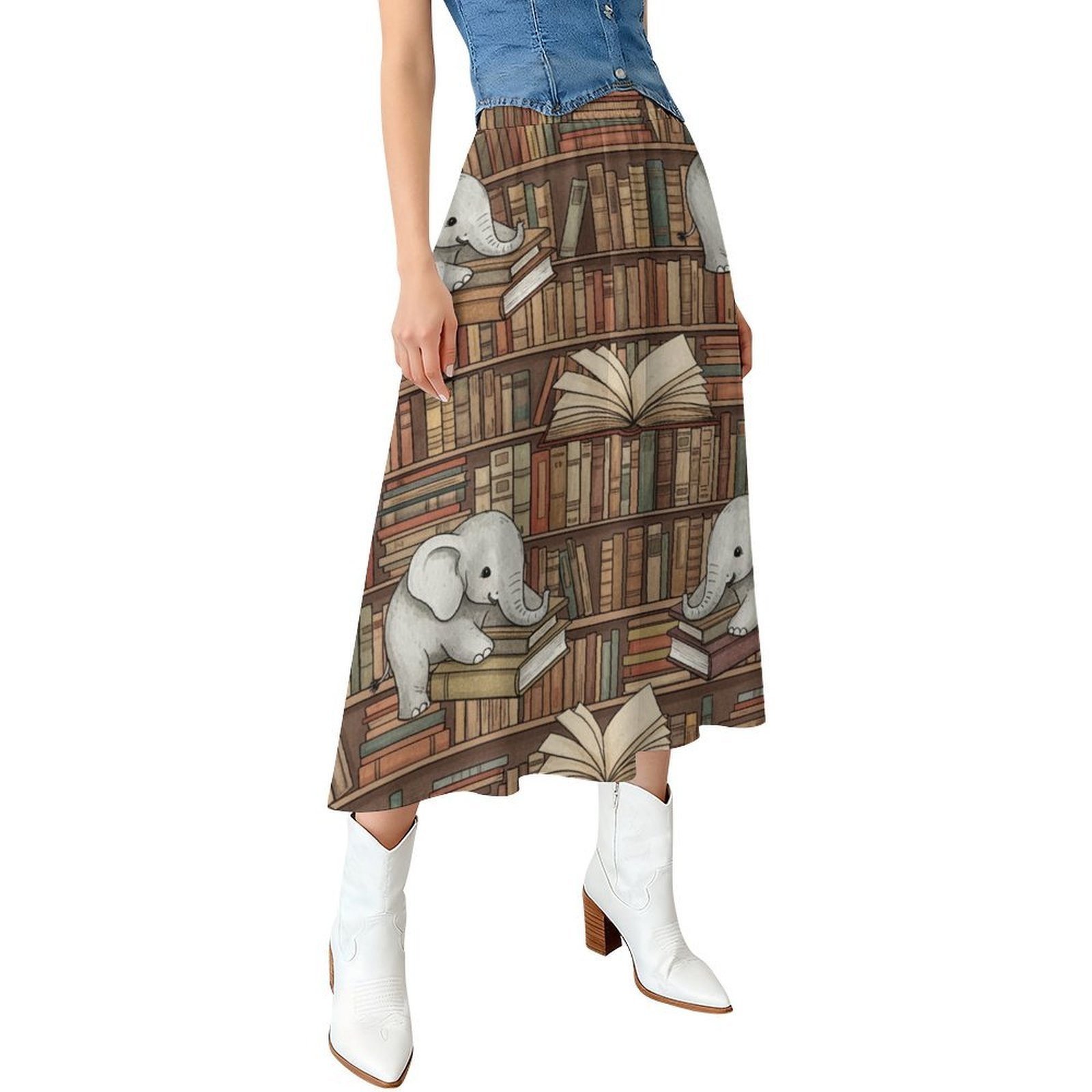 Elephants Reading Bookshelves Filled Books Women High Waist Midi Skirt ...