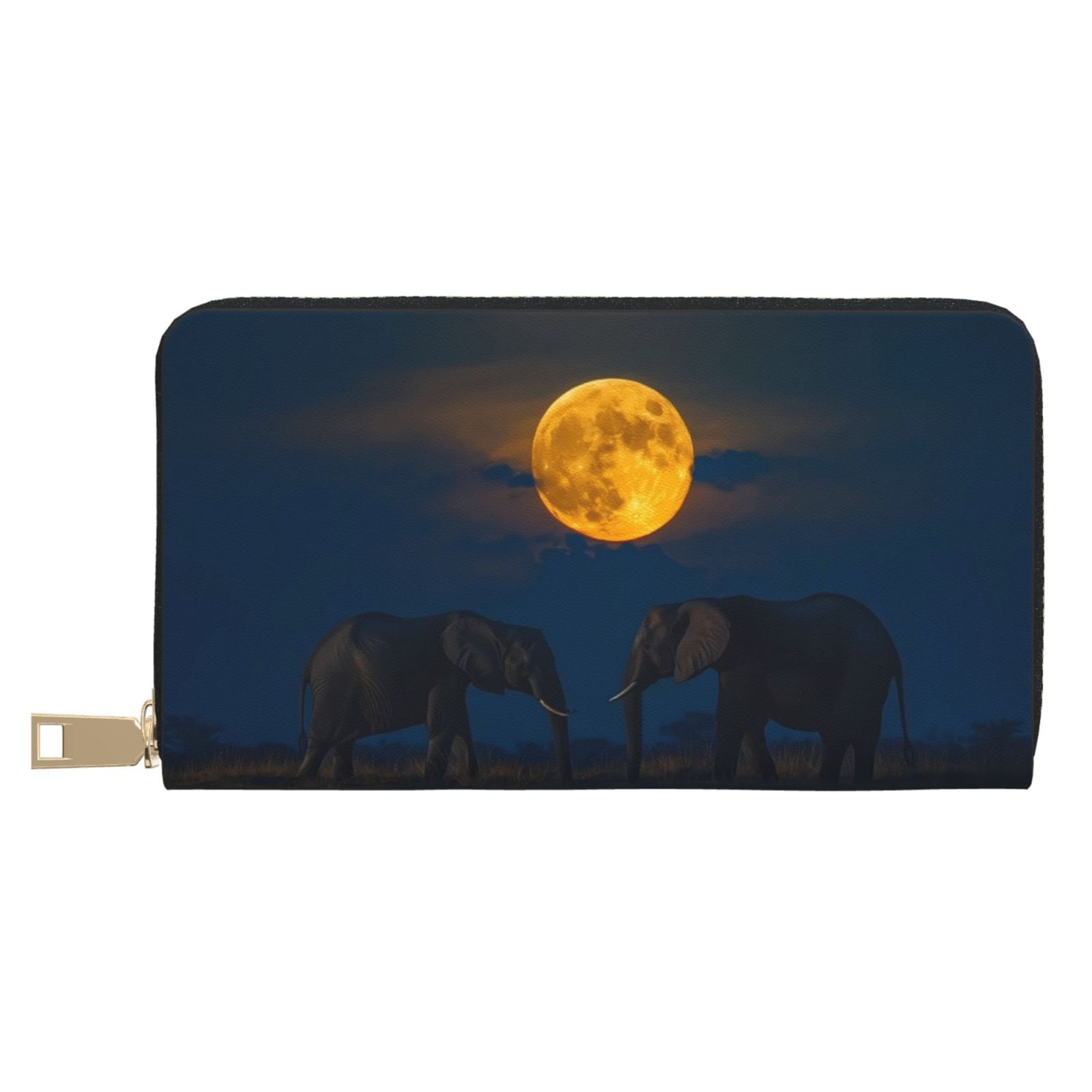 Elephants Under Golden Moon Wallet Women, Leather Bifold Multi Card ...