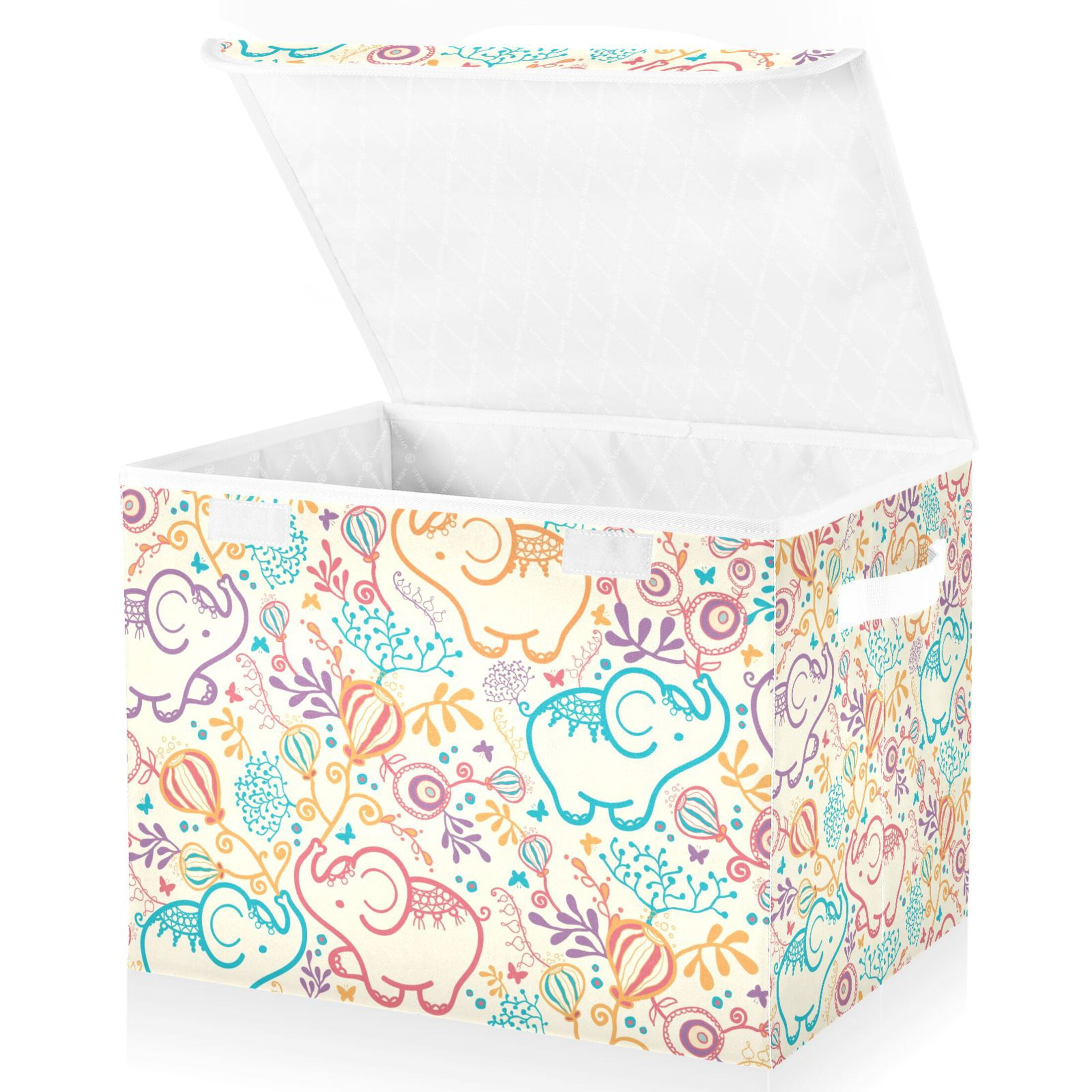 Elephants with Flowers Large Lidded Storage Bin Foldable Storage Boxes ...