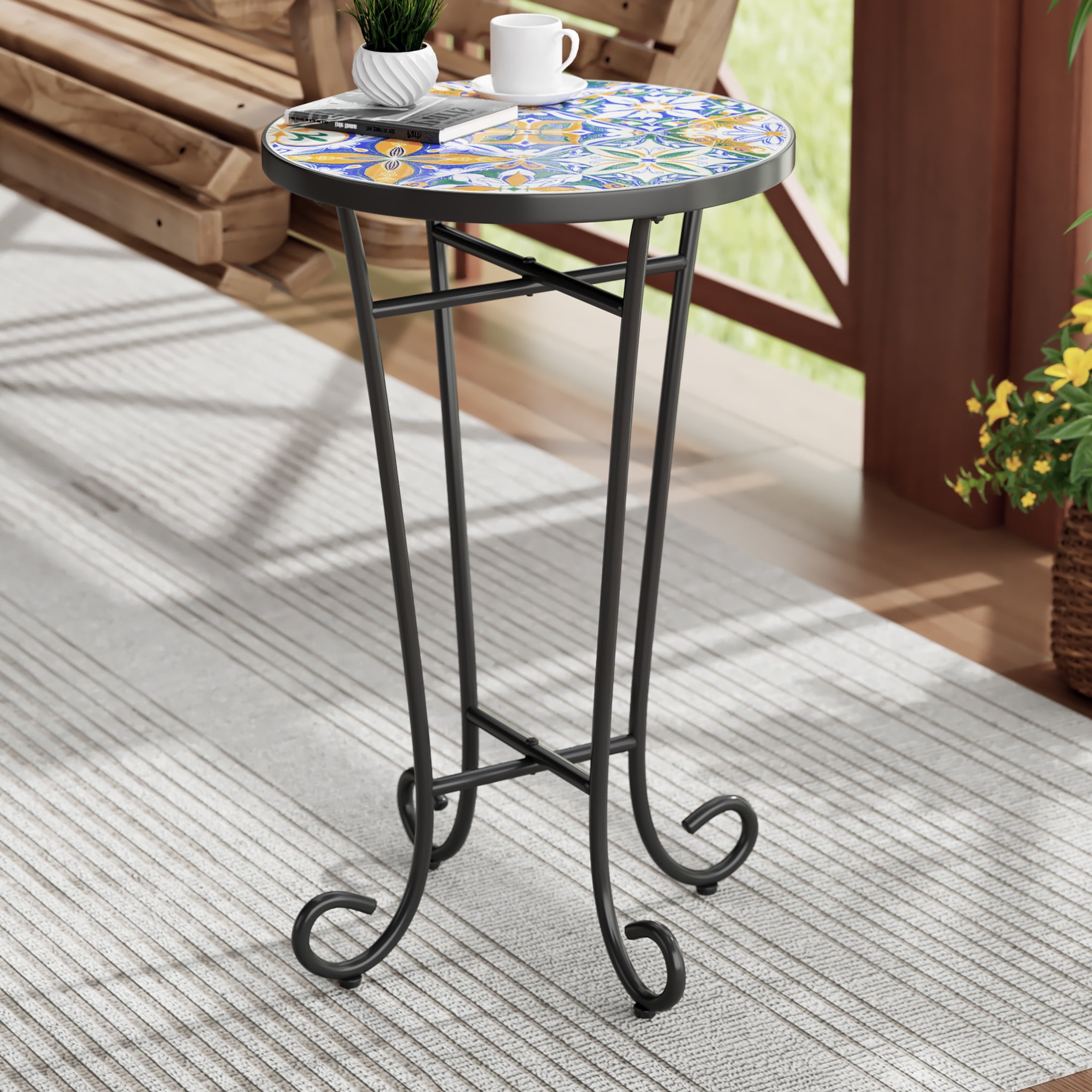 Elevate Outdoor Patio Round Side Table, Ceramic Tile, Iron, Black ...