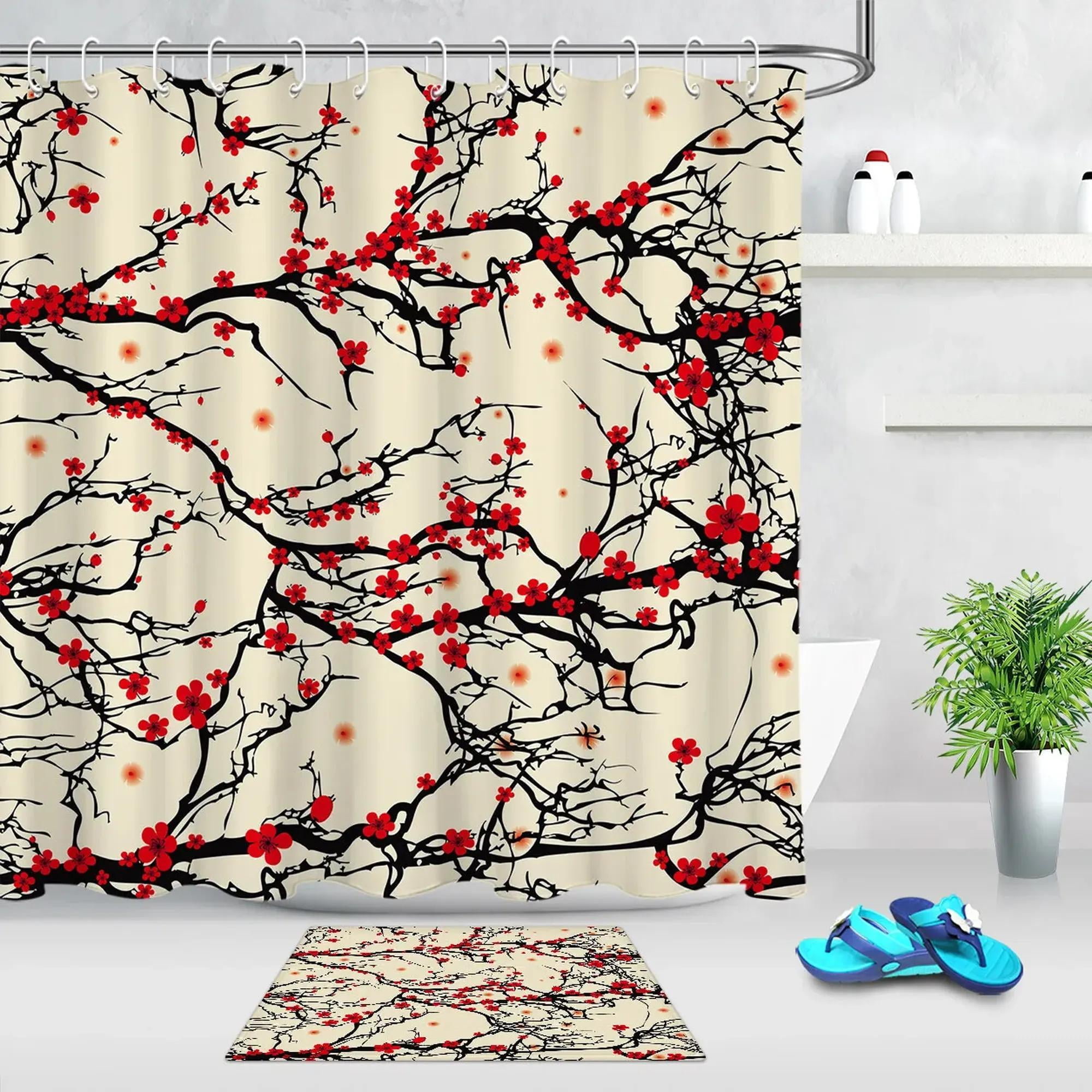 Elevate Your Bath Decor With Vibrant Red Plum Blossom Shower Curtain