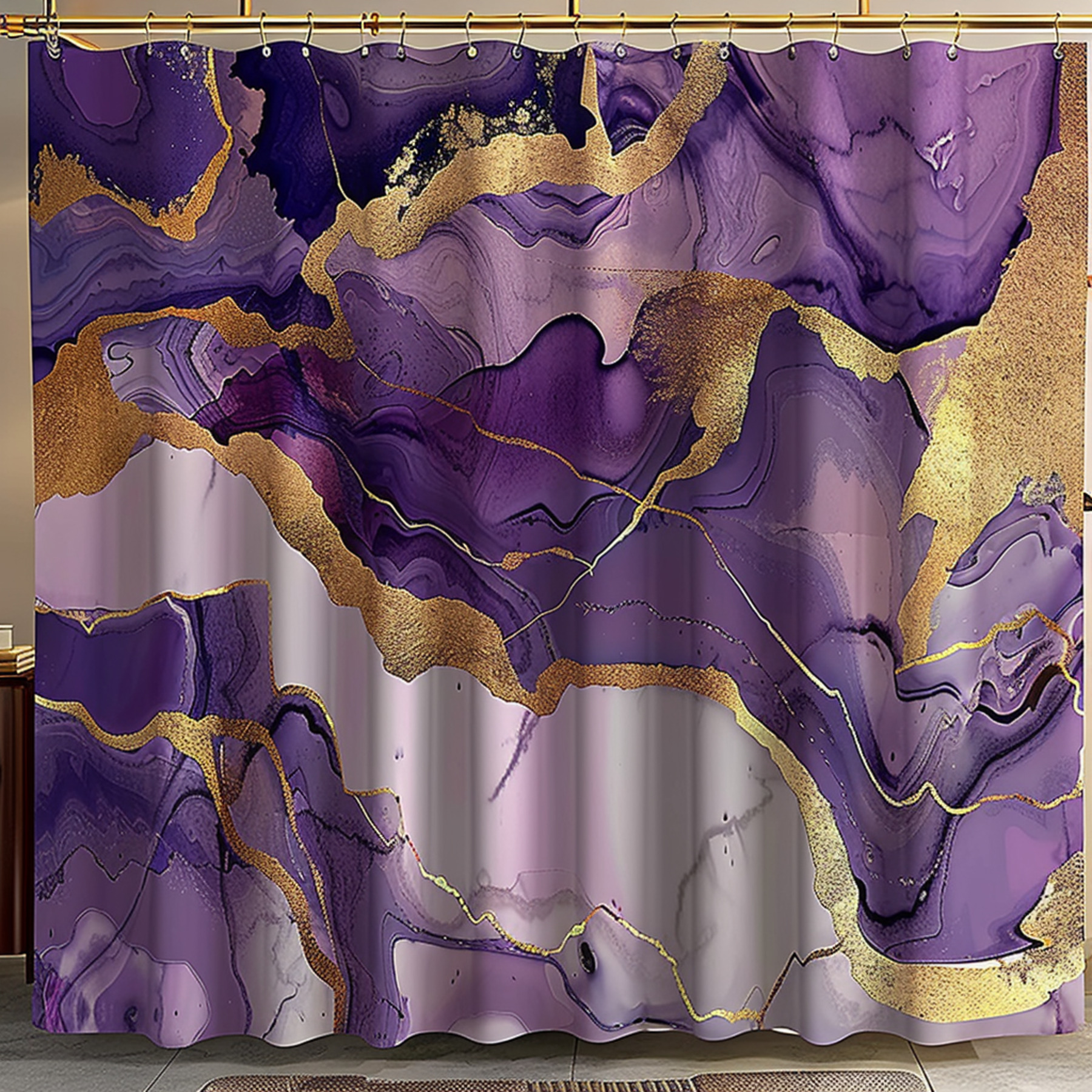 Elevate your bathroom with our ultrarealistic purple and gold marble print shower curtain a ...