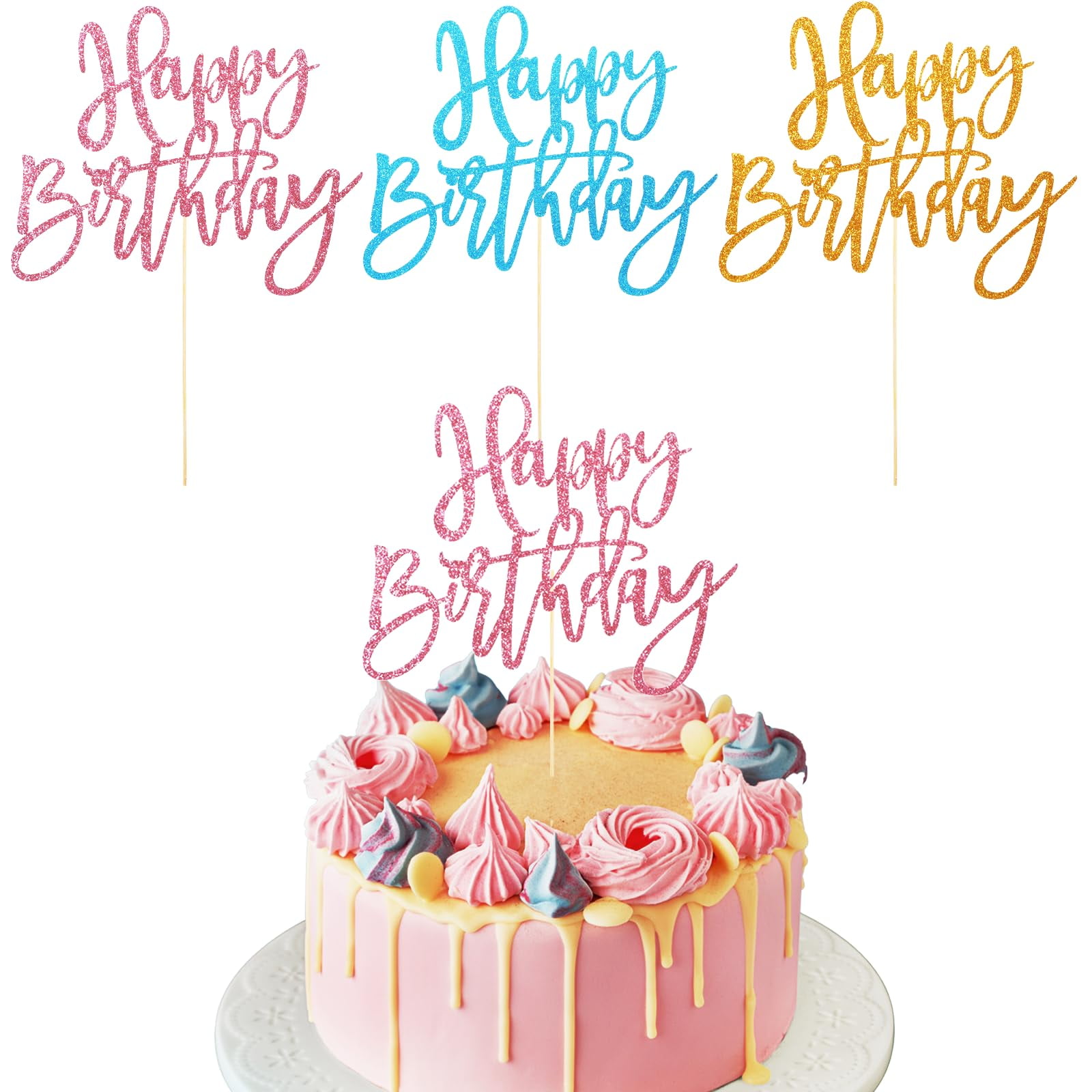 ElevateTech 3 Pack CORNET Happy Birthday Cake Topper Glitter Cake ...