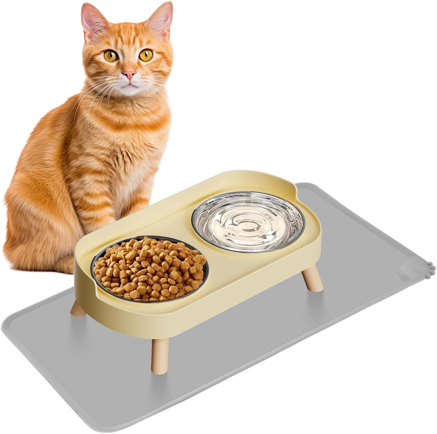 Elevated Cat Bowl Set with Mat, 2 Stainless Steel Bowls Anti-Splash ...
