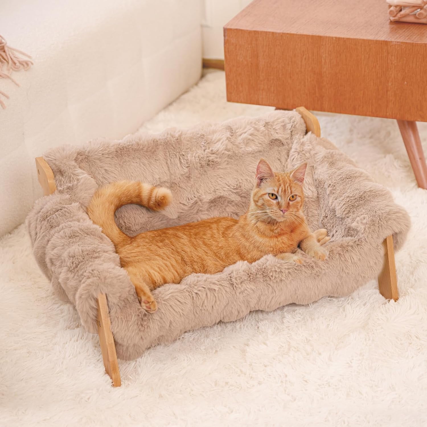 Elevated Cat Couch Bed for Indoor Cats, Wooden Cat Sofa with Removable ...