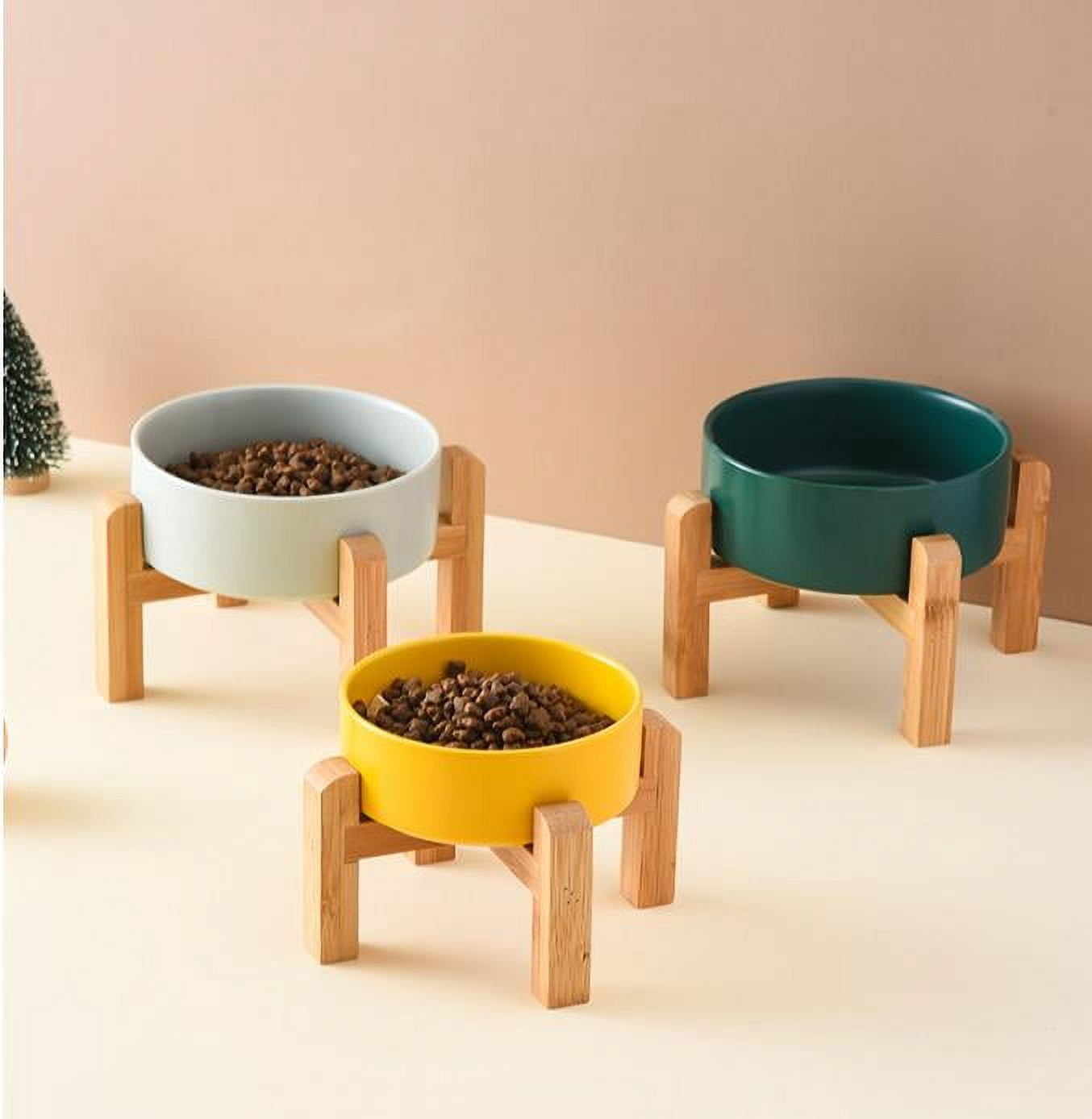 Elevated Ceramic Pet Food & Water Bowl with Bamboo Wood Stand - Dog ...