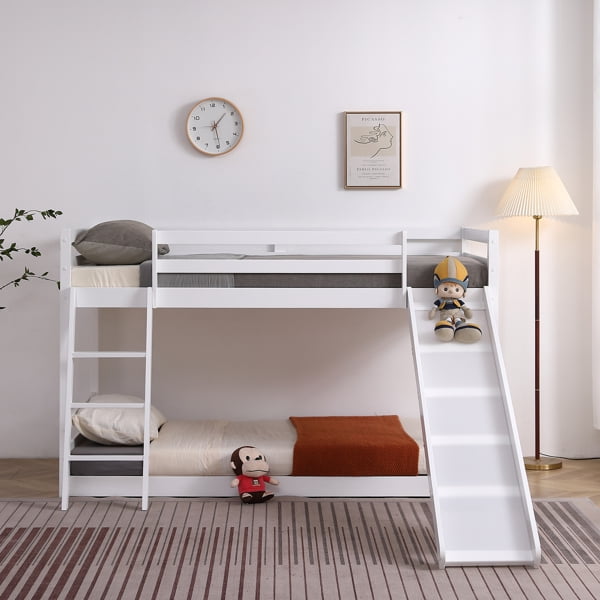 Elevated Cross Guard Rail with Slide Twin Pine Wooden Bed White,White ...