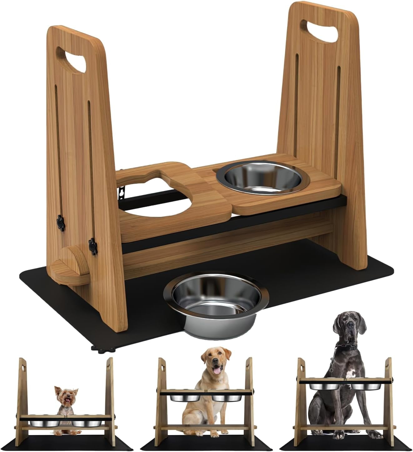 Elevated Dog Bowls Bamboo Raised Dog Bowl Stand with 4 Stainless Steel ...