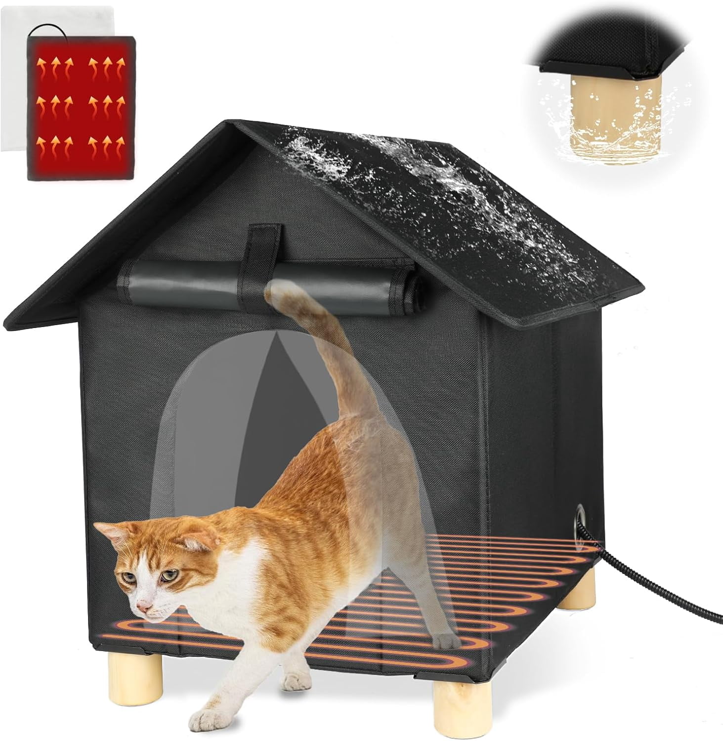 Elevated Heated Cat House for Outdoor Cats in Winter, Weatherproof ...