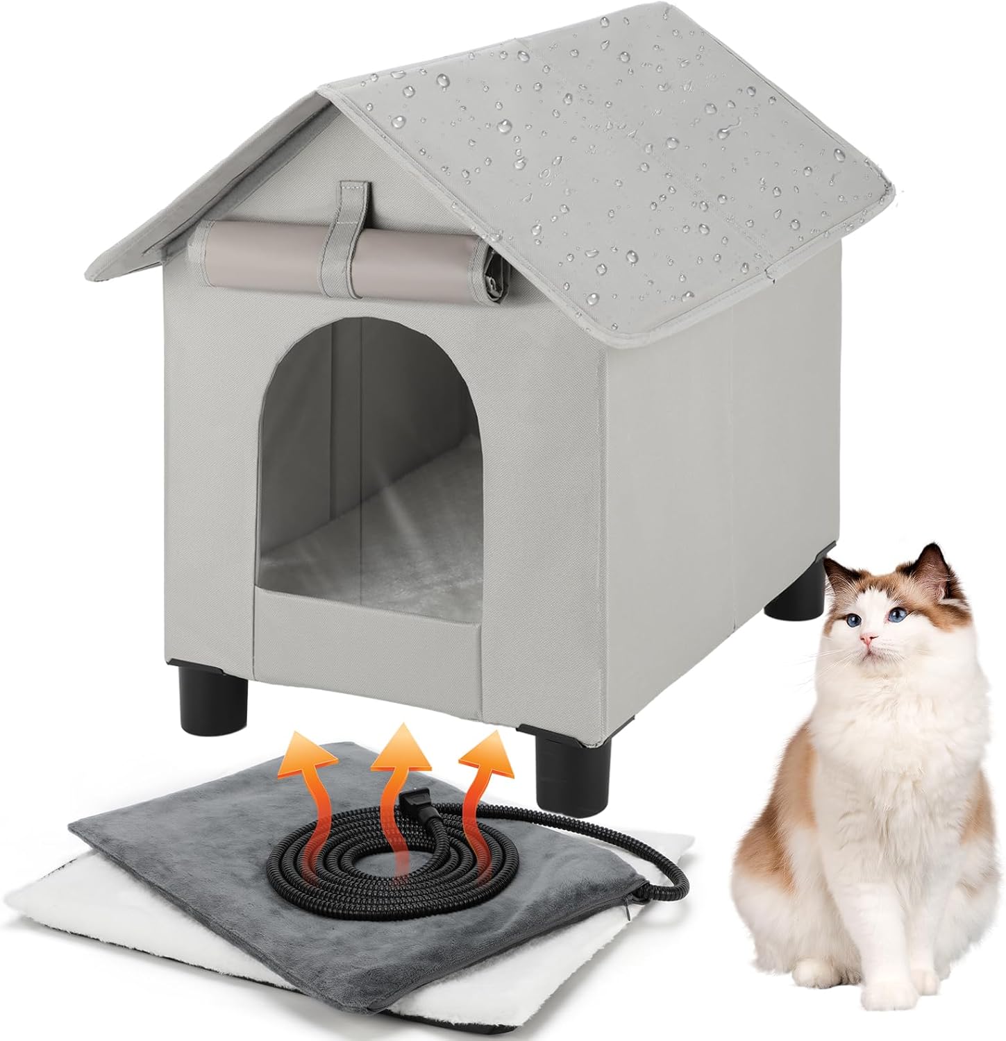 Elevated Heated Outside Cat House,Waterproof Heater Feral Cats Shelter ...