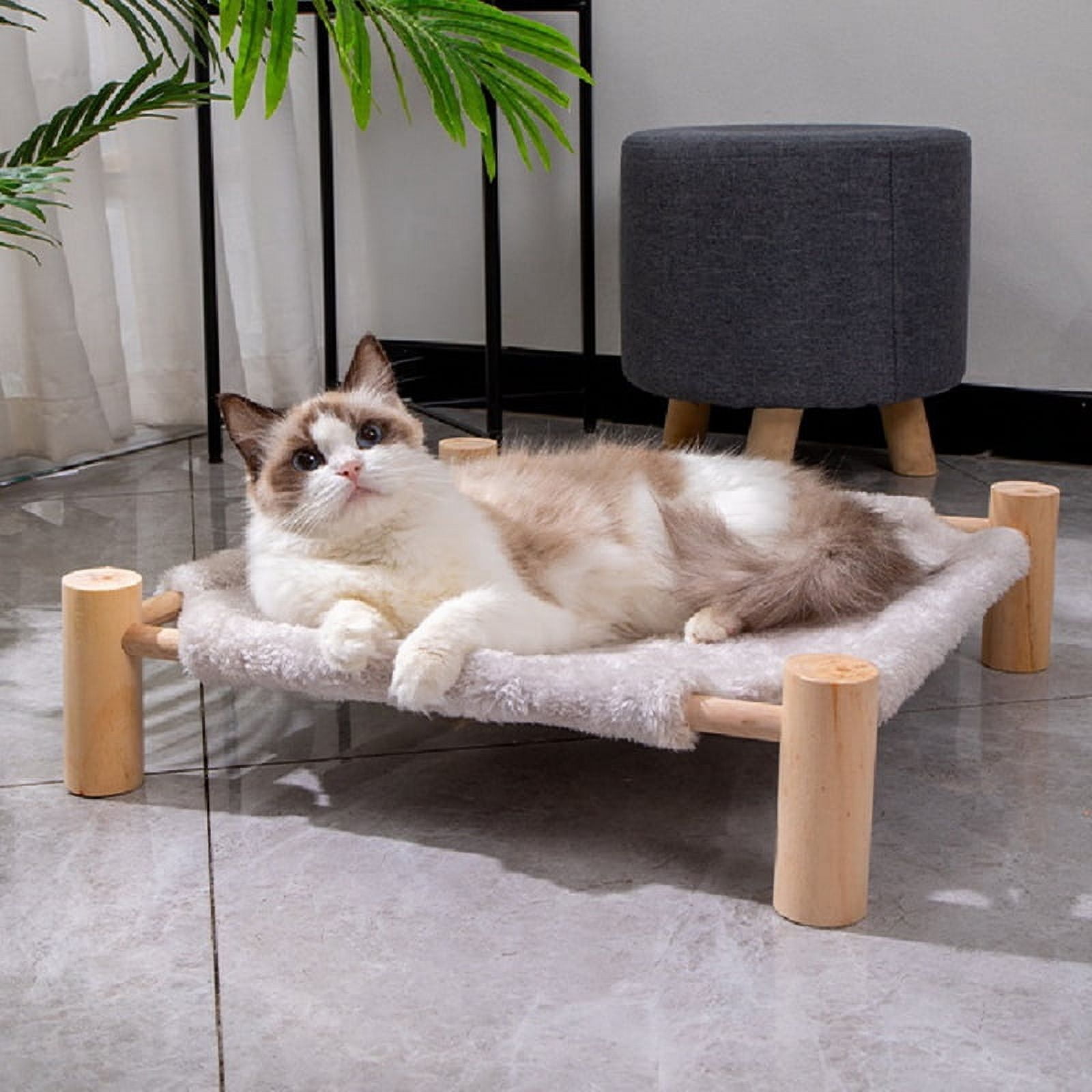Elevated Pet Bed, Cat and Dog Stool Chair with Wooden Legs, Plush Puppy ...