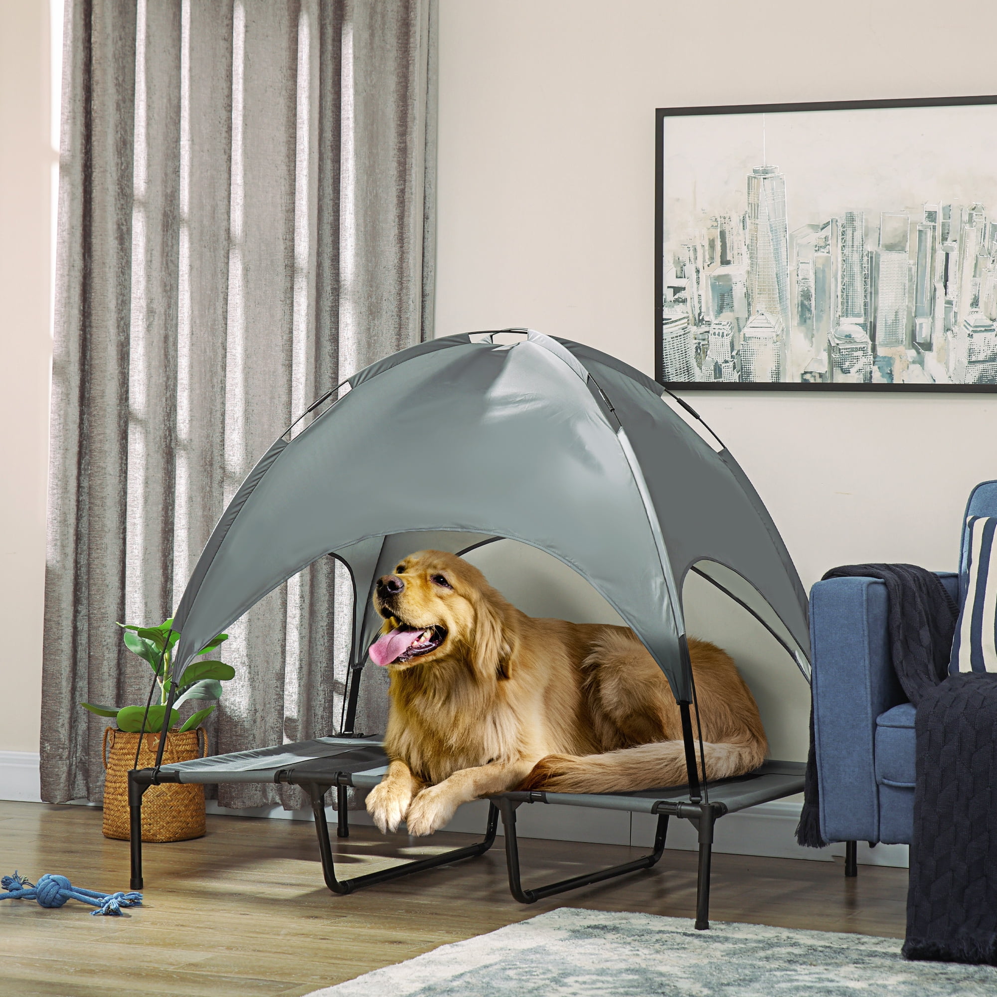 Elevated Portable Dog Cot Pet Bed with UV Protection Canopy Shade, 48 ...