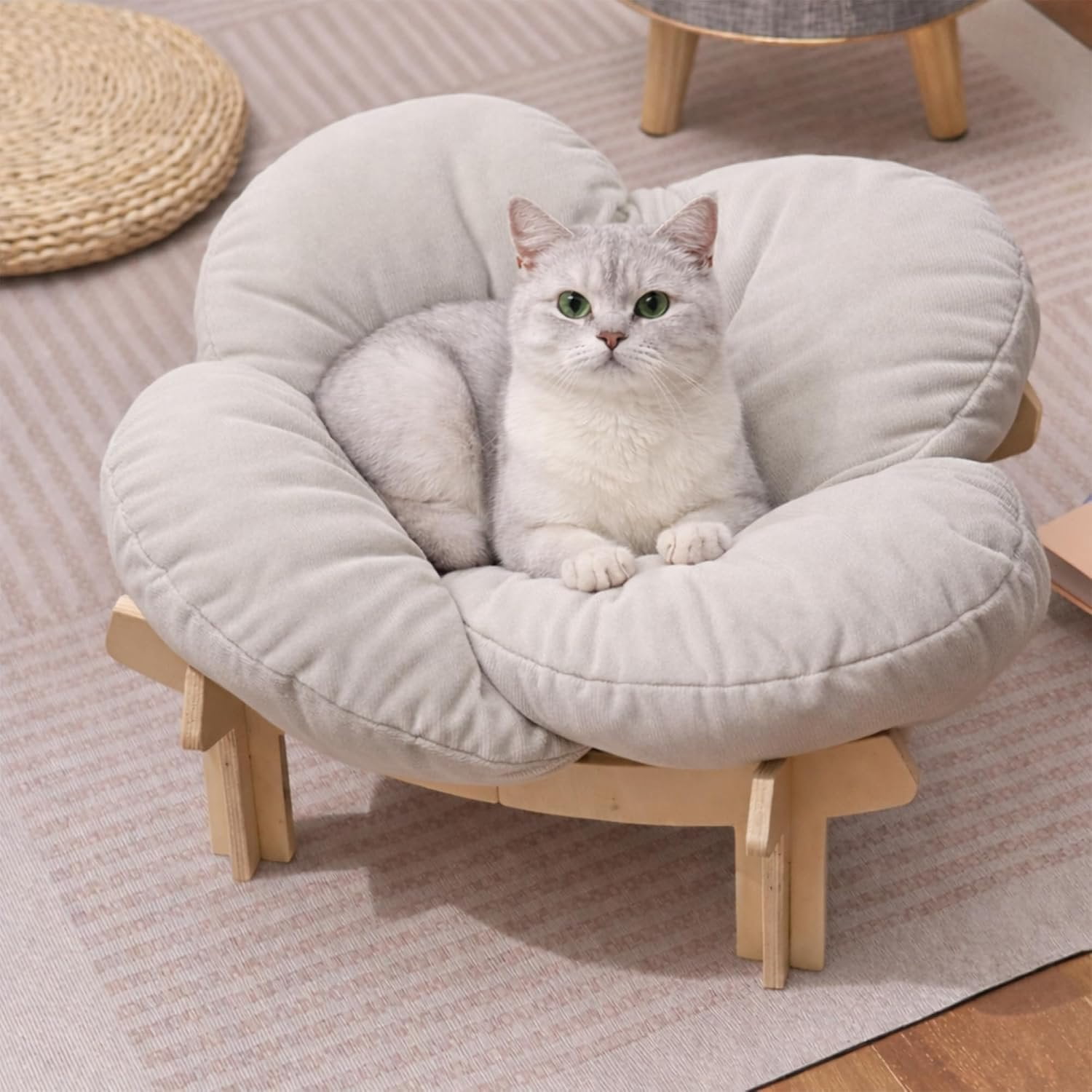 Elevated Wooden Bed with Removable Cushion, Modern Petal Shaped Couch ...