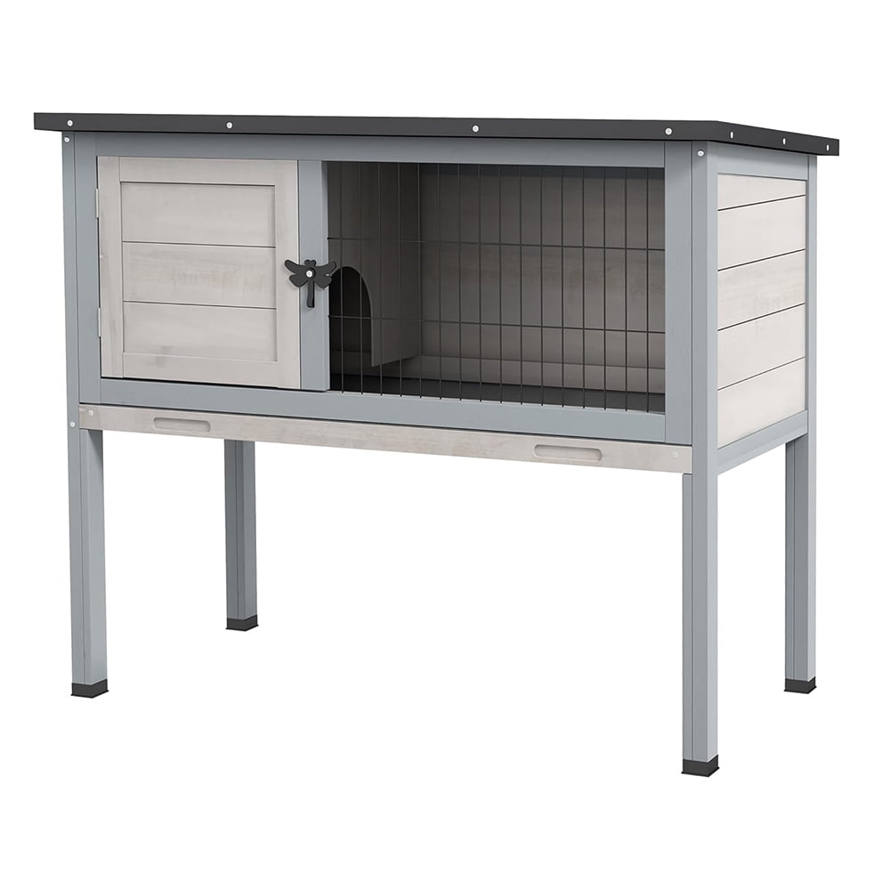 Elevated Wooden Rabbit Hutch, Bunny Cage with Hinged Asphalt Roof and ...