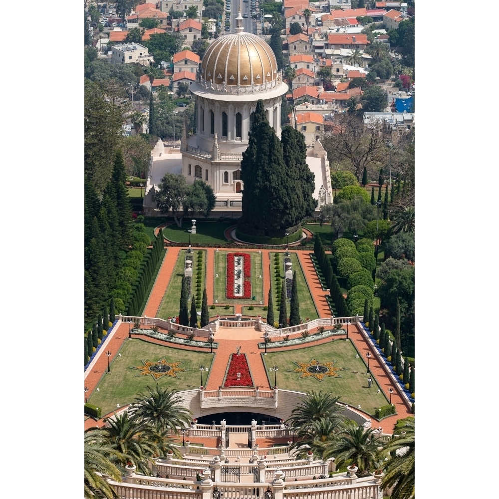Elevated view of the Terraces of the Shrine of the Bab Bahai Gardens ...