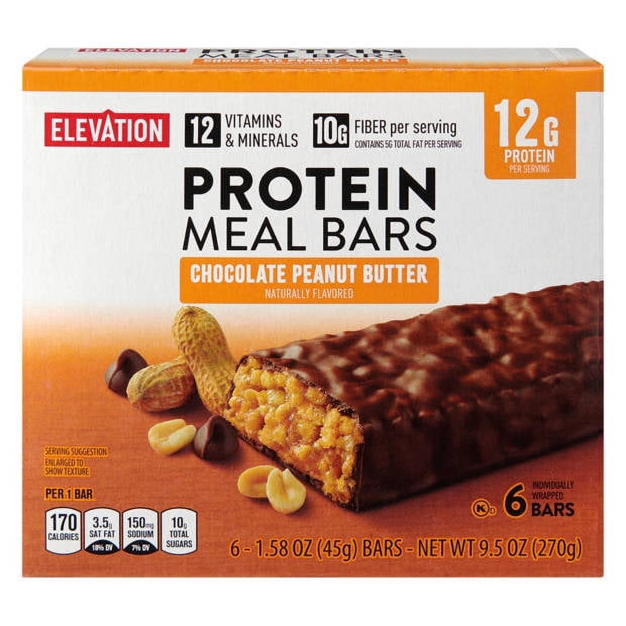Elevation Chocolate Peanut Butter Protein Meal Bars, 6 count - Walmart ...