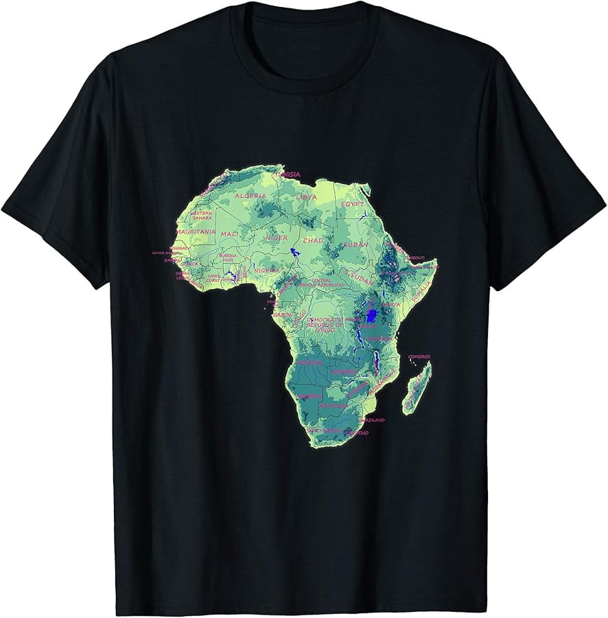Elevation Map of AFRICA Borders lakes rivers Country names T-Shirt ...