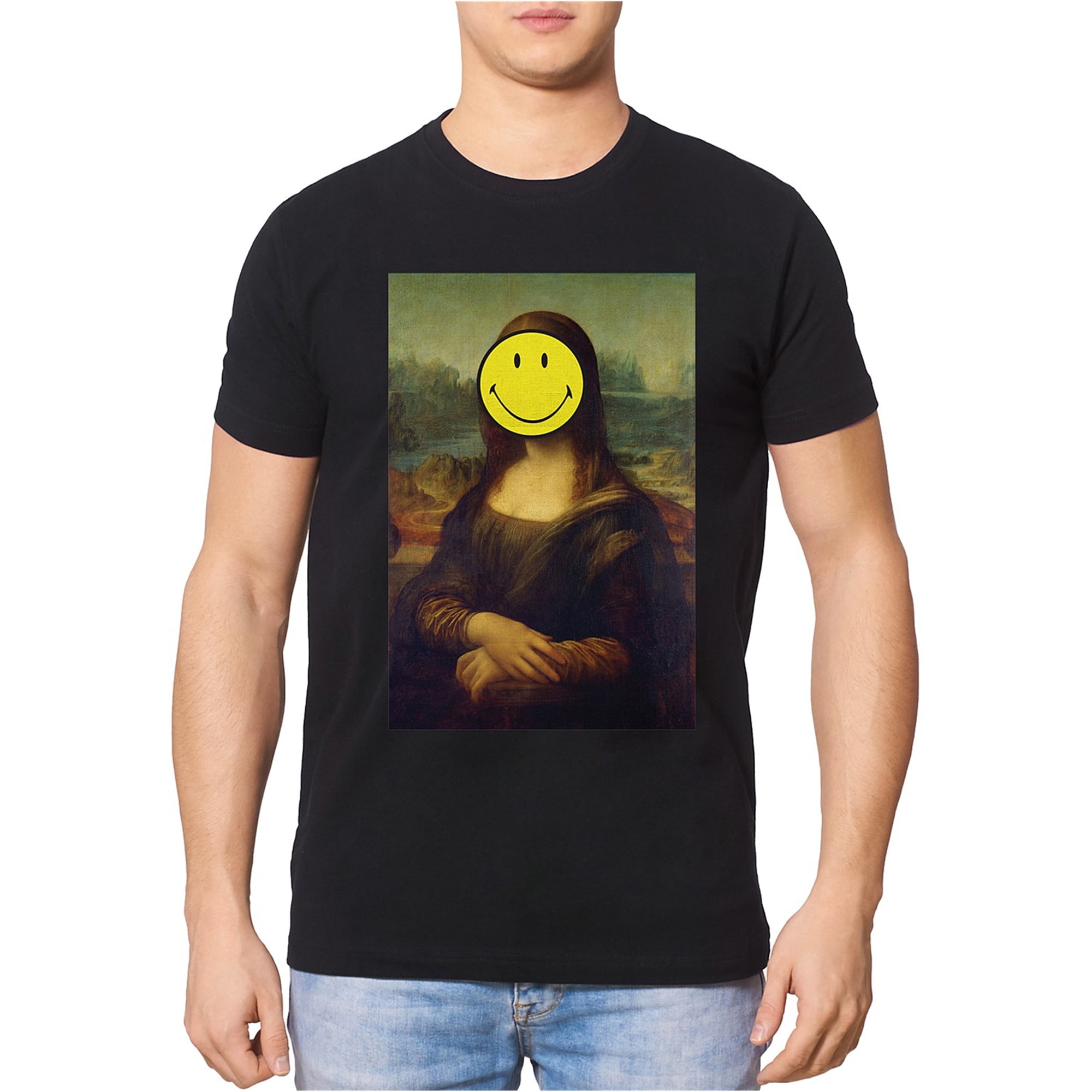Elevenparis Mens Smiley Mona Lisa Graphic T-Shirt, Black, Large ...