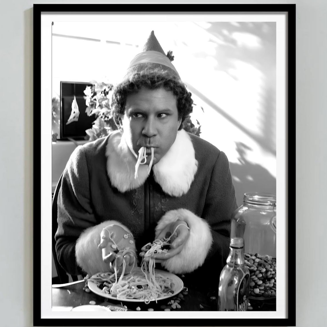 Elf Buddy Eating Spaghetti Poster, Black And White, Funny Christmas ...