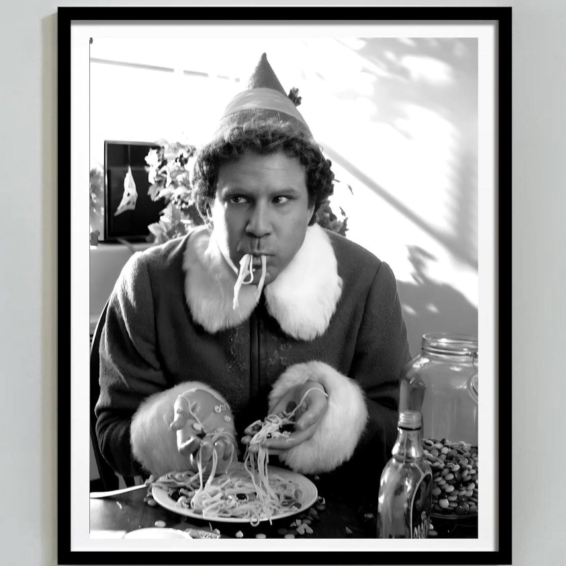 Elf Buddy Eating Spaghetti Poster, Black And White, Funny Christmas ...