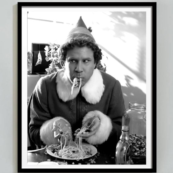 Elf Buddy Eating Spaghetti Poster, Black And White, Funny Christmas ...