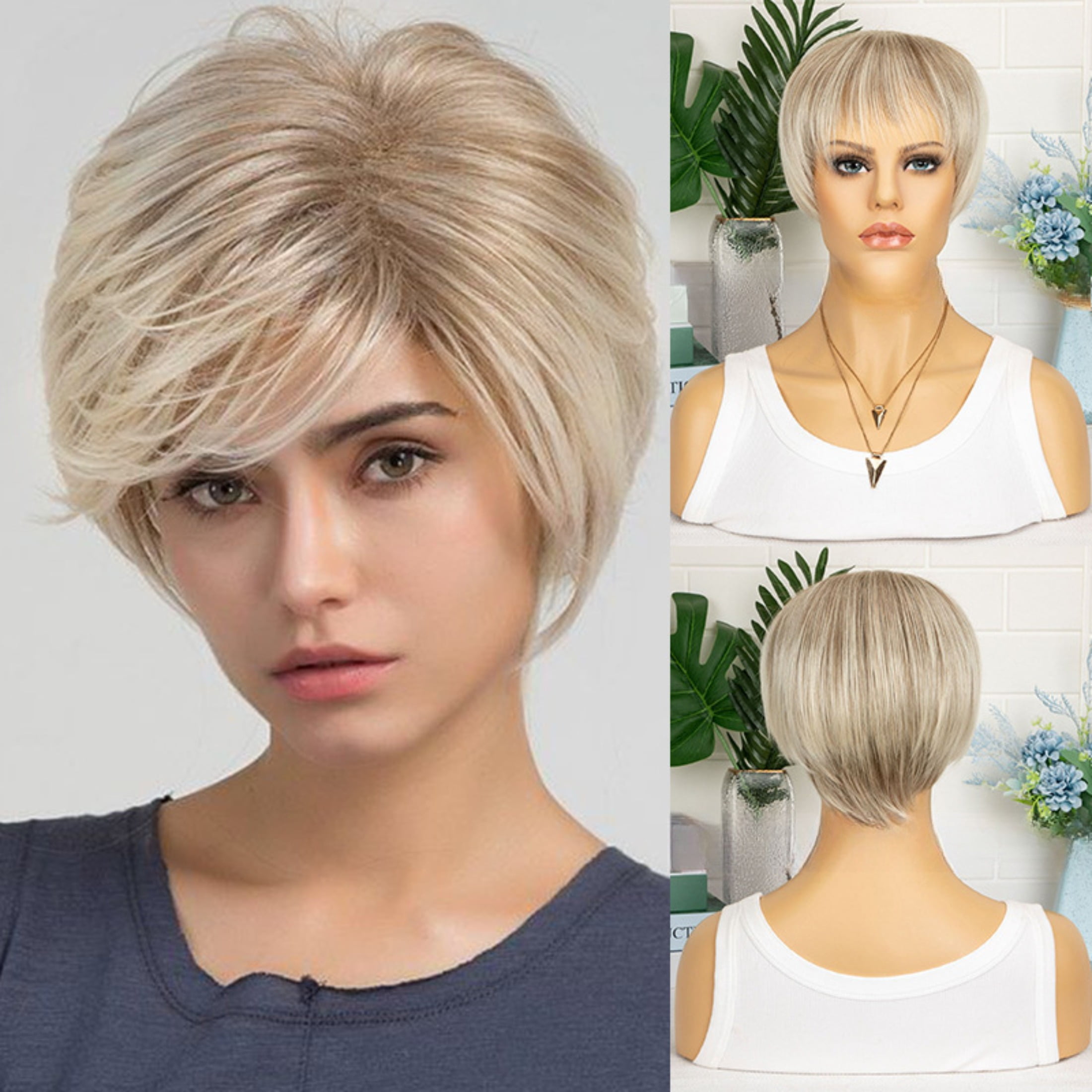 Elf Cut Wig Short Hair Wig with Bangs Mixed Color Highlights Fluffy ...