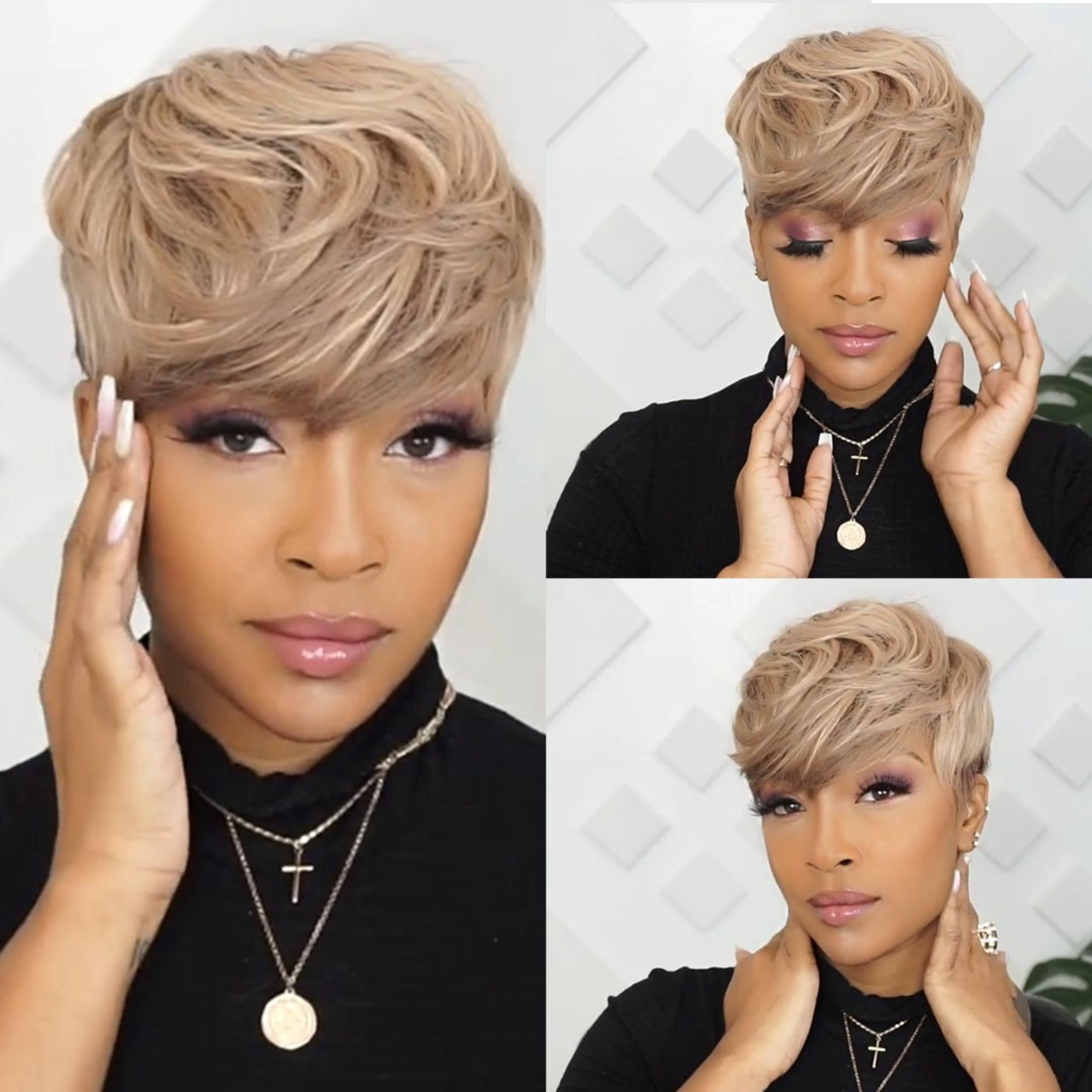 Elf Cut Wig Short Hair Wig with Bangs Mixed Color Highlights Fluffy ...