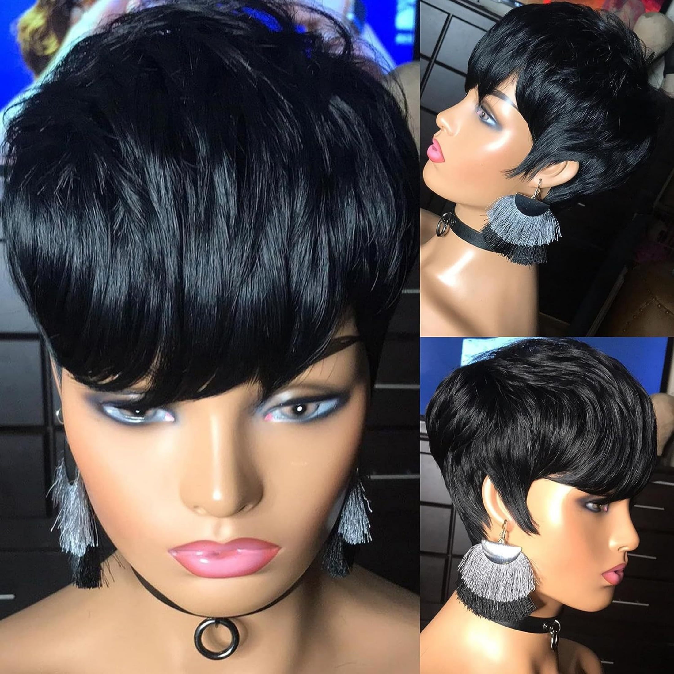 Elf Cut Wig Short Hair Wig with Bangs Mixed Color Highlights Fluffy ...