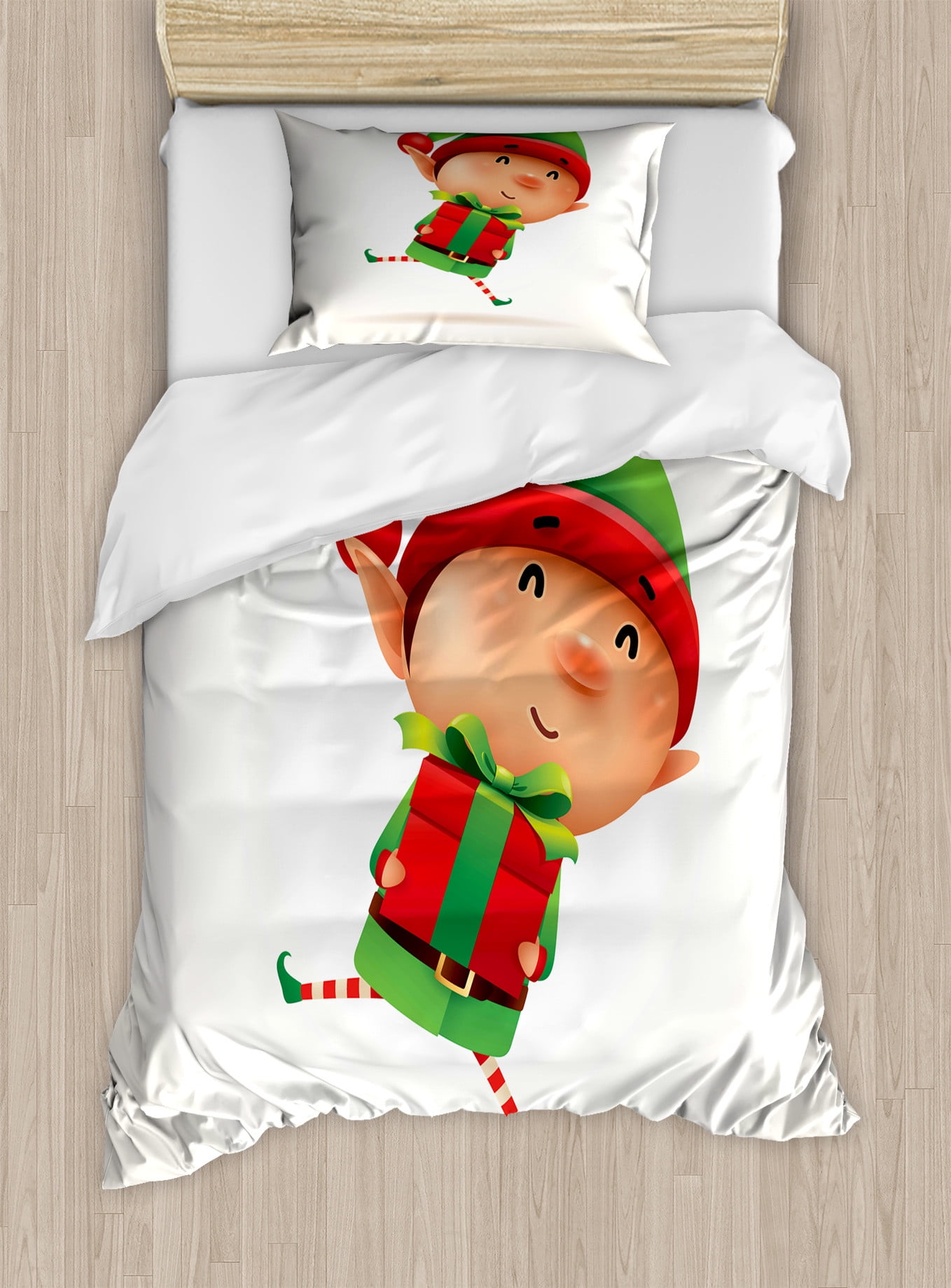 Elf Duvet Cover Set, Little Boy Holding a Present Jumping up Holiday ...