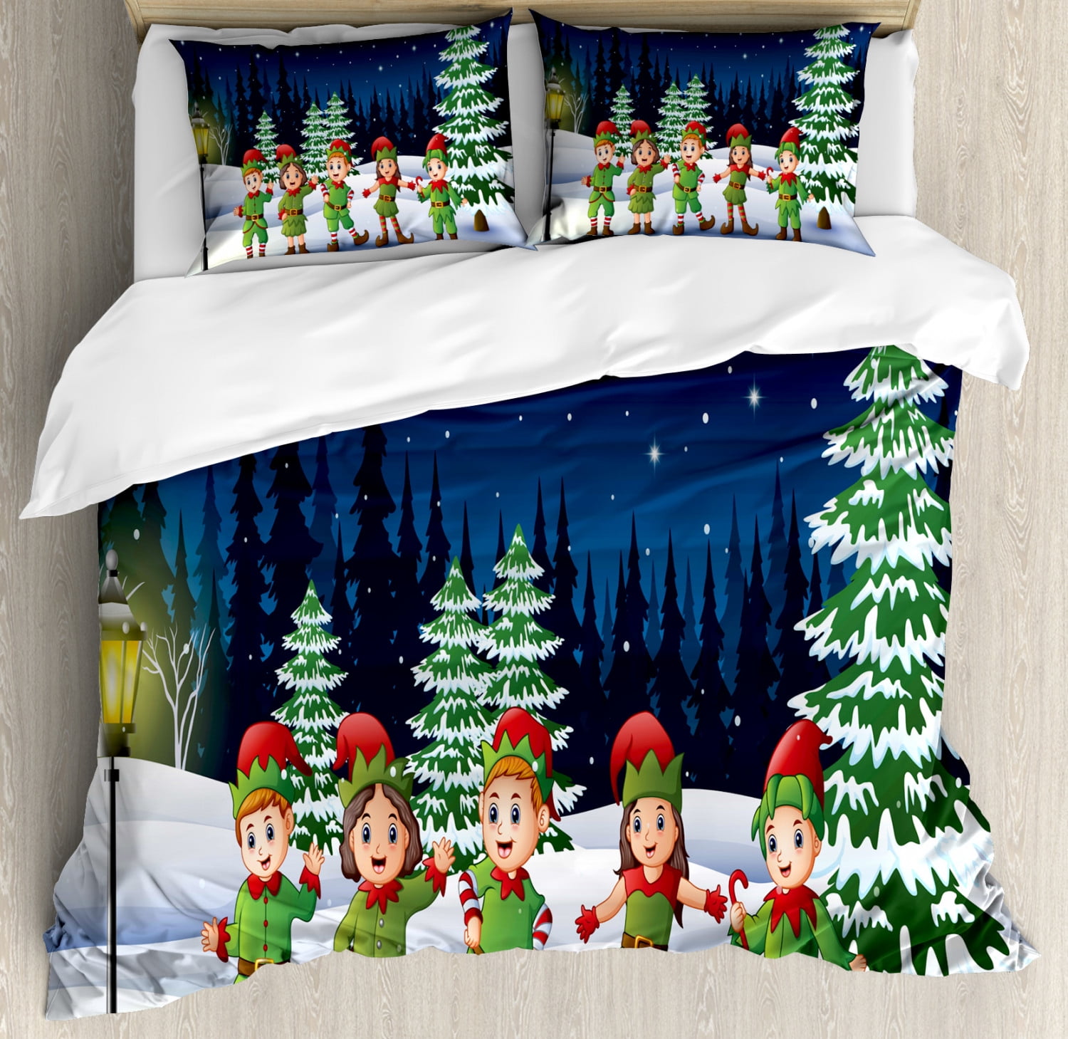 Elf Duvet Cover Set Queen Size, Children Wearing Funny Costumes in Snow ...