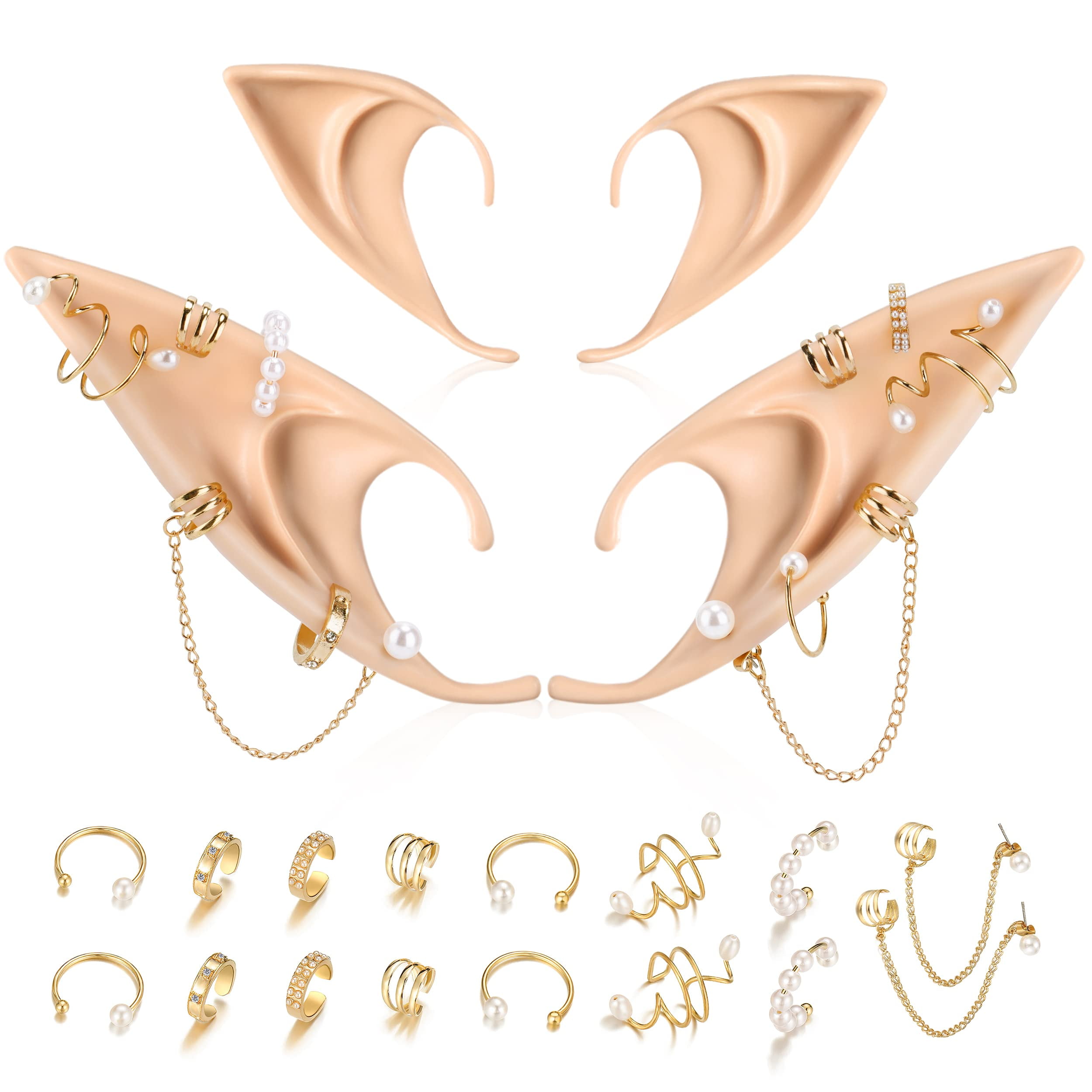 Elf Ears with Piercings Earring Cuffs Set - Cosplay Fairy Pixie Ears ...