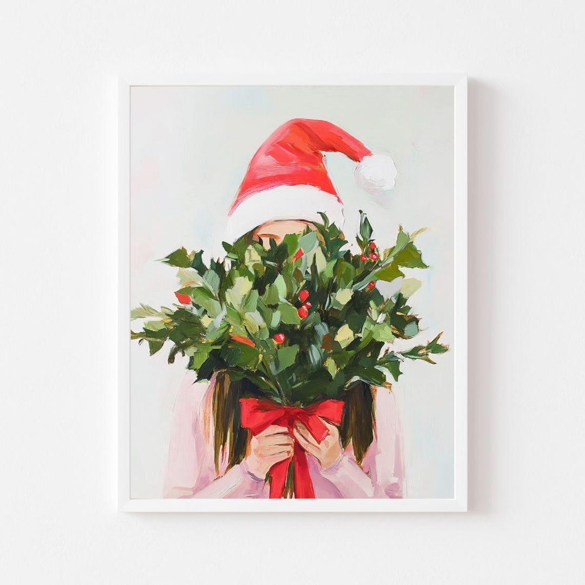 Elf Girl Holding Holly Painting Pink Wall Art Print Girl'S Room Santa ...