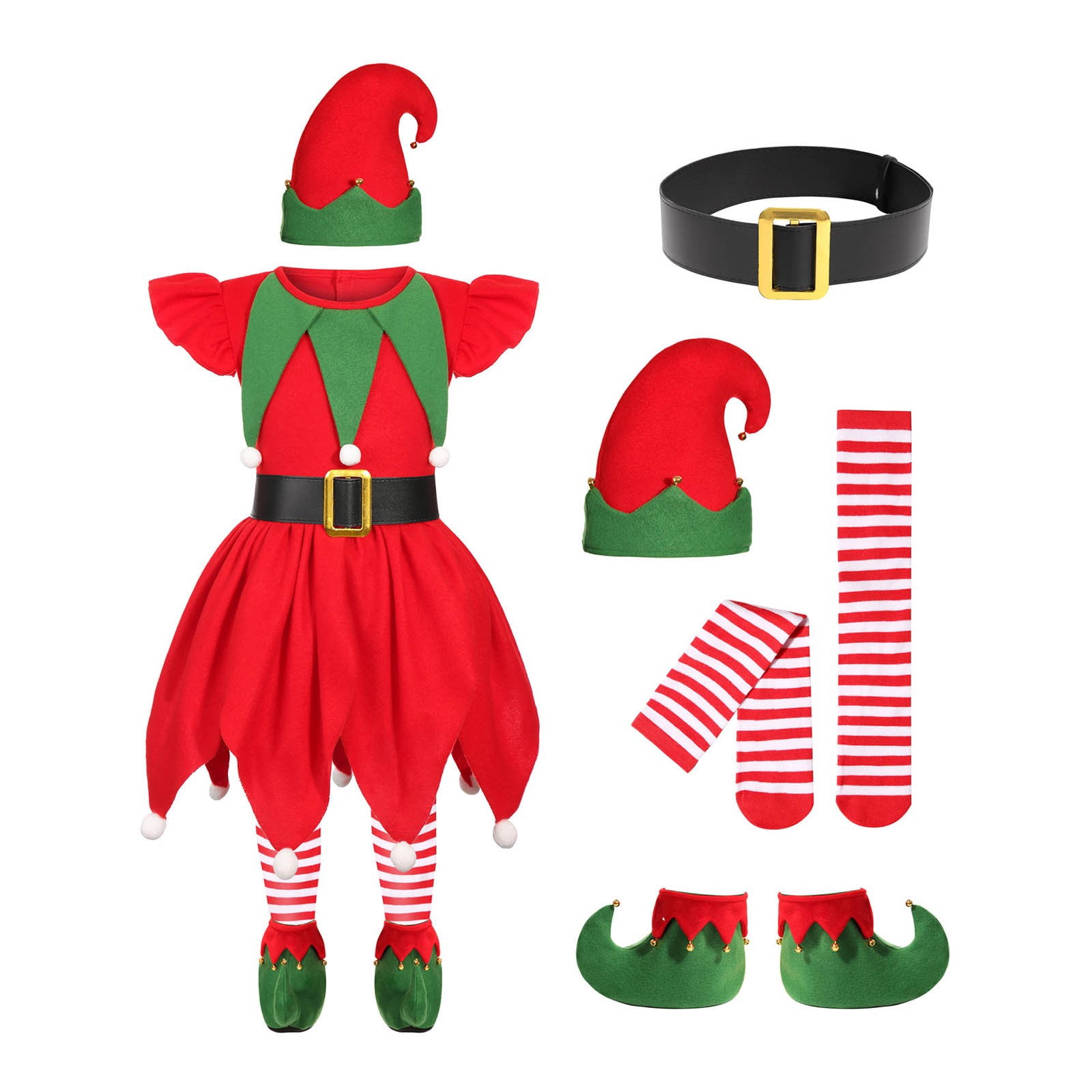 Elf Girl Outfit Short Sleeve Christmas Elf Dress Girls Hat Set Party ...