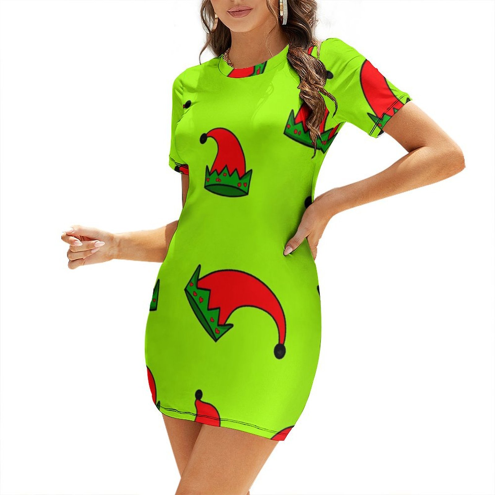 Elf Hats Green Background Pattern Sweet Elegant Short Sleeves Dress ...