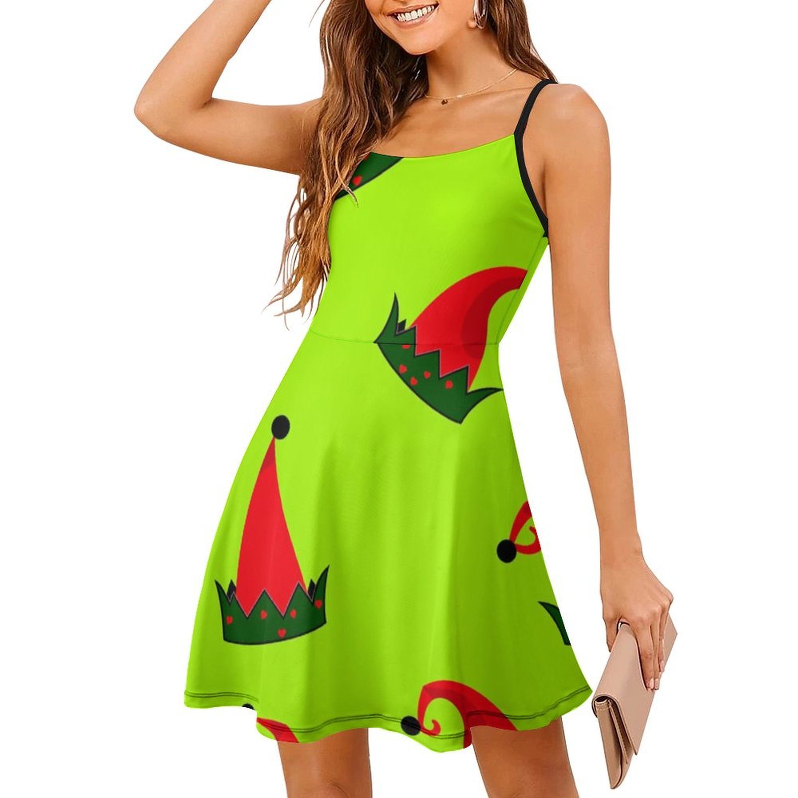 Elf Hats on Lime Background Sweet Elegant Slip Dress Women Korean ...