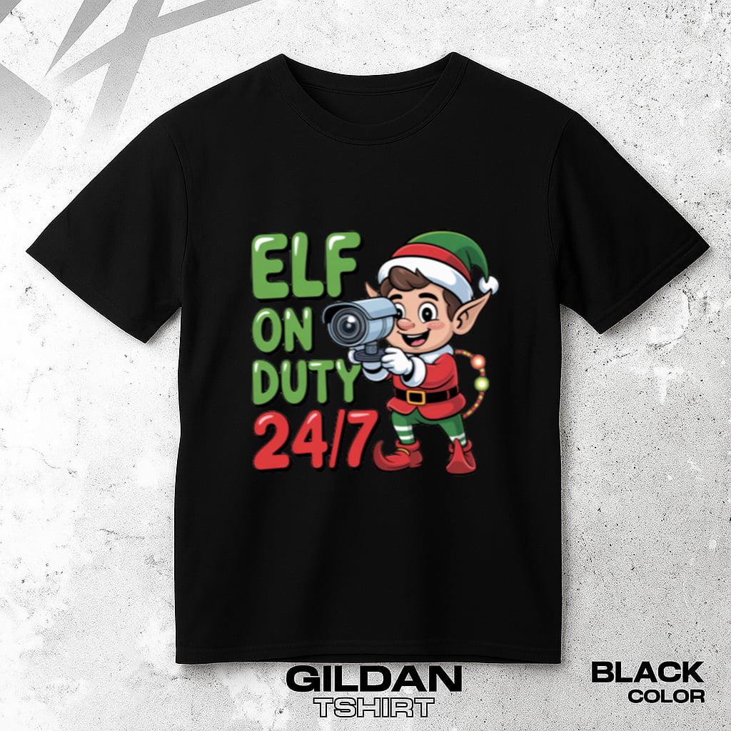 Elf On Duty 24 7 Funny Christmas Surveillance Holiday Security Unisex T ...