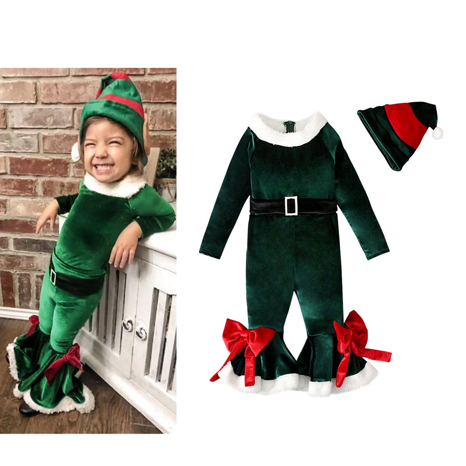 Elf Outfit Toddler Girl Long Sleeve Elf Rompers Jumpsuits Hat Set Party ...