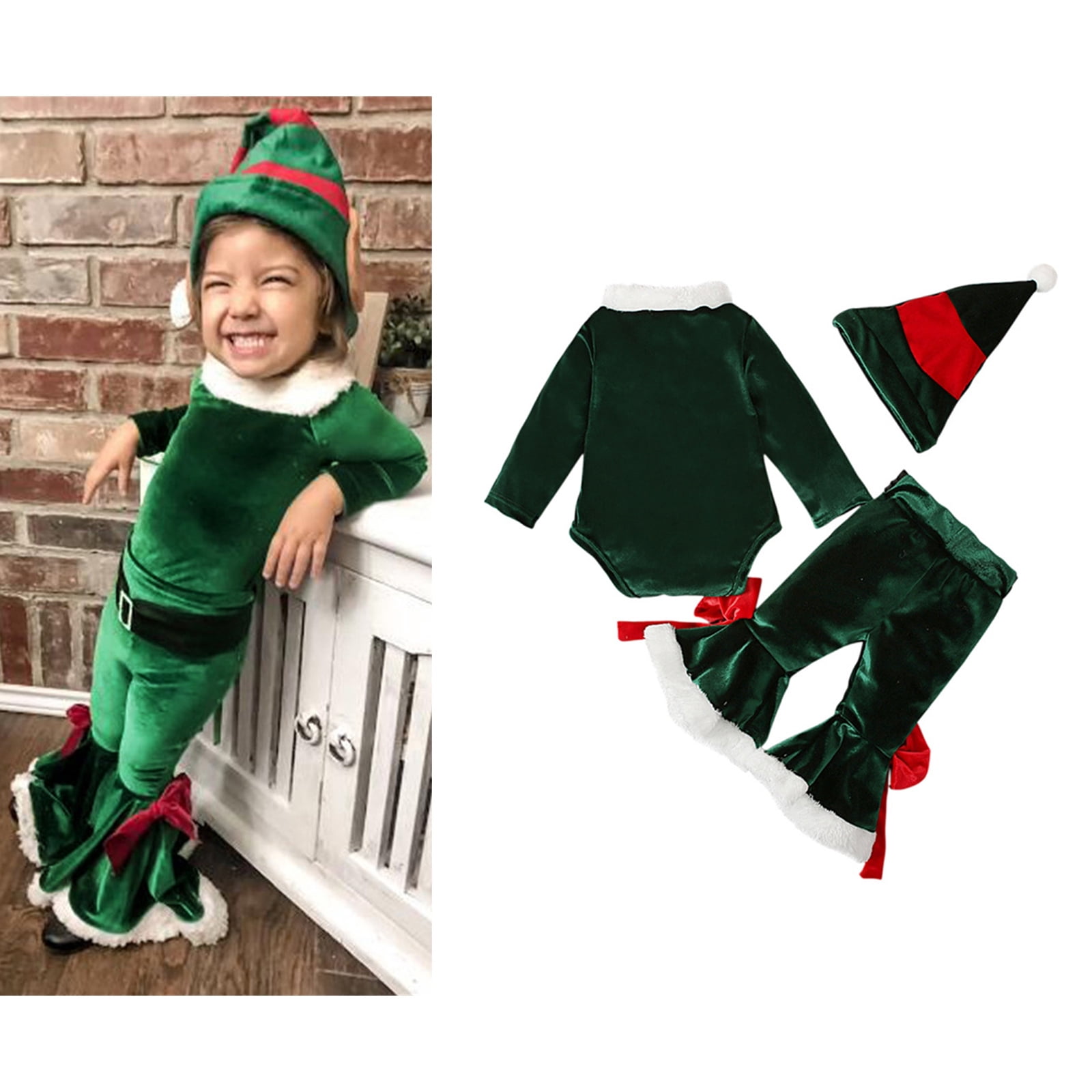 Elf Outfit Toddler Girl Long Sleeve Romper Flare Pants with Hat Set ...