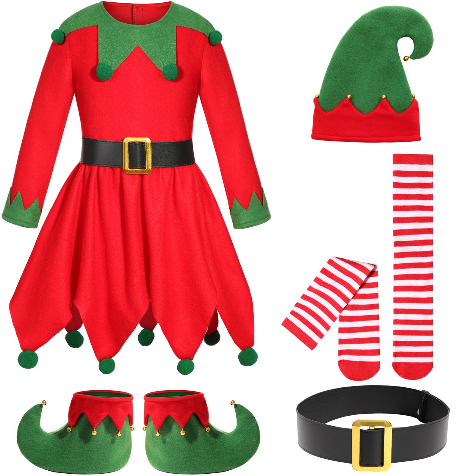 Elf Outfit for Kids Long Sleeve Christmas Elf Dress Girls Hat Set Party ...