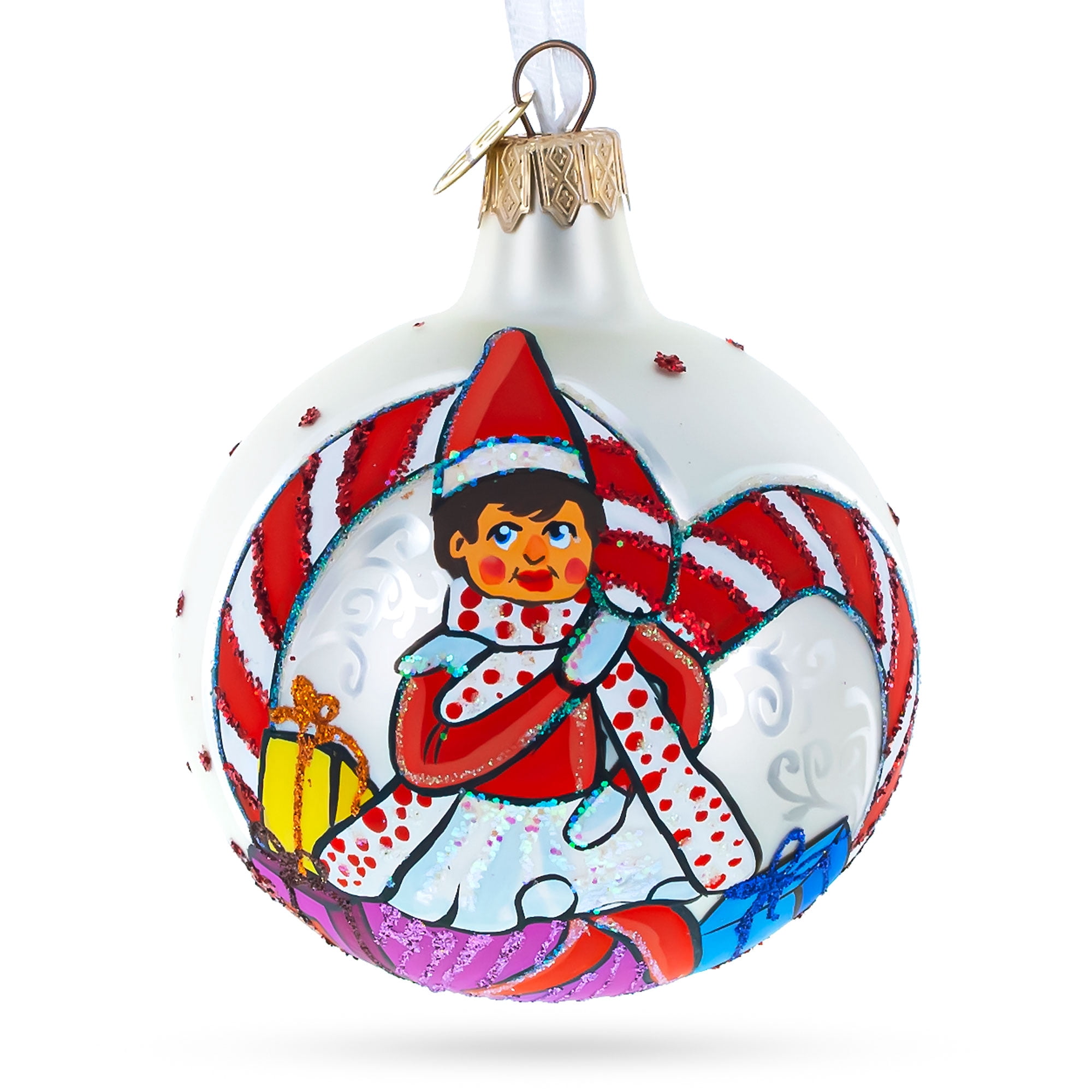 Elf and Candy Canes Glass Ball Christmas Ornaments 3.25 Inches ...