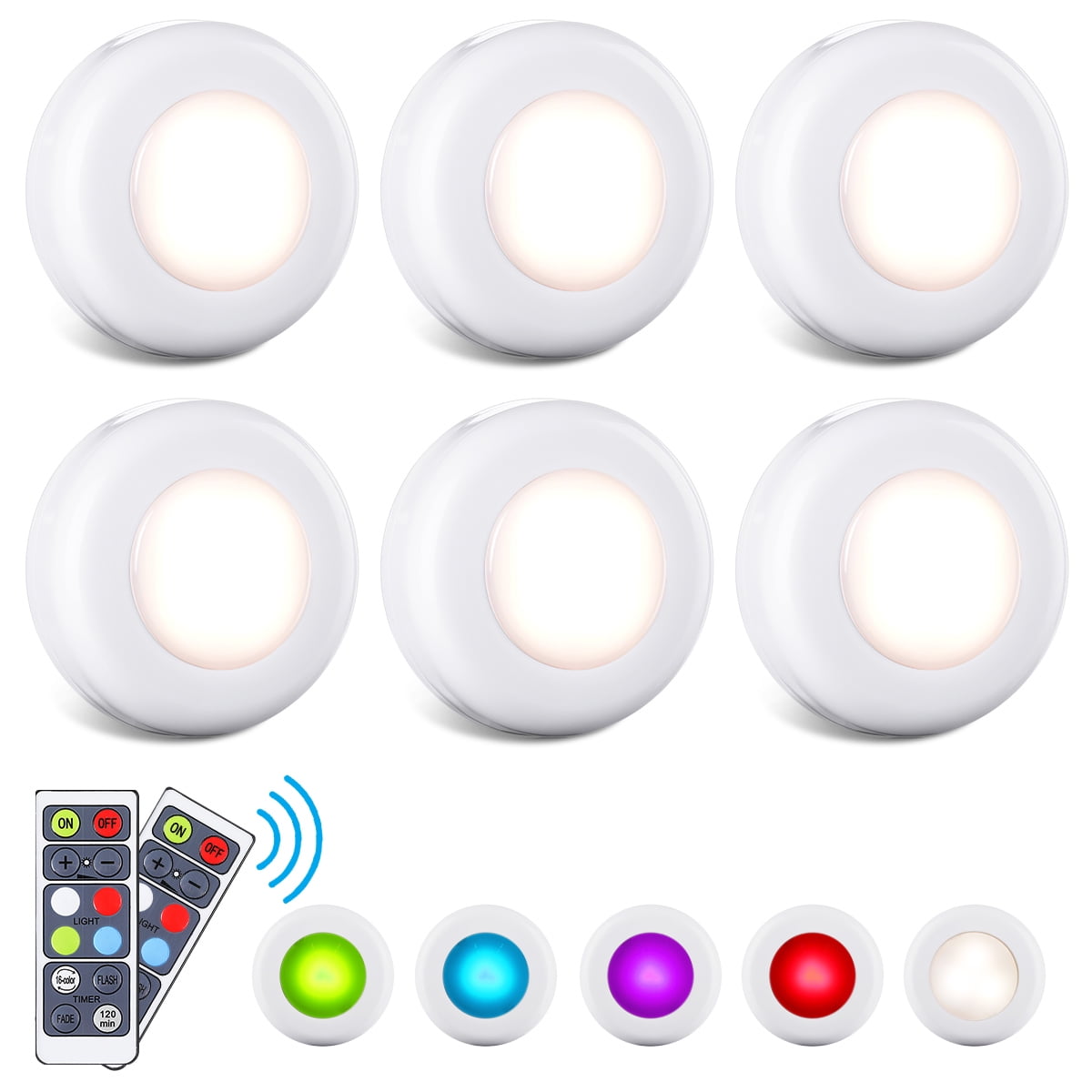 Elfeland Wireless LED Puck Lights, 16 Colors, Dimmable with Remote ...