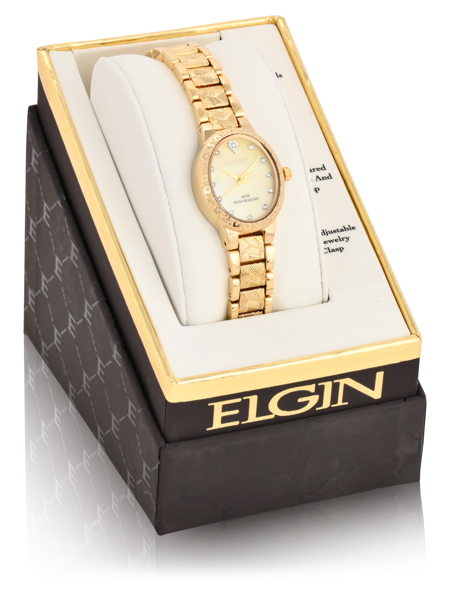 Elgin Adult Female Analog Wristwatch in Gold with Oval Mother of Pearl ...